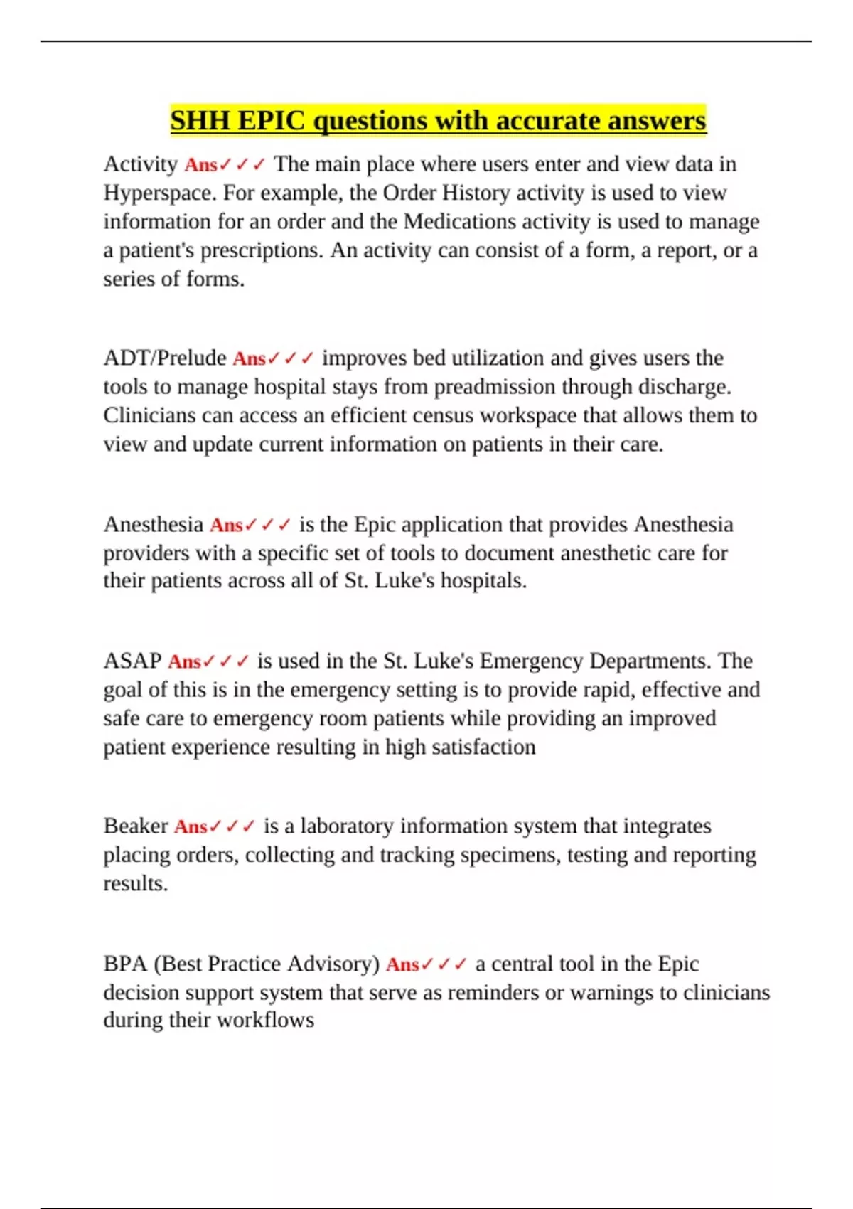 SHH EPIC questions with accurate answers. - Epic - Stuvia US