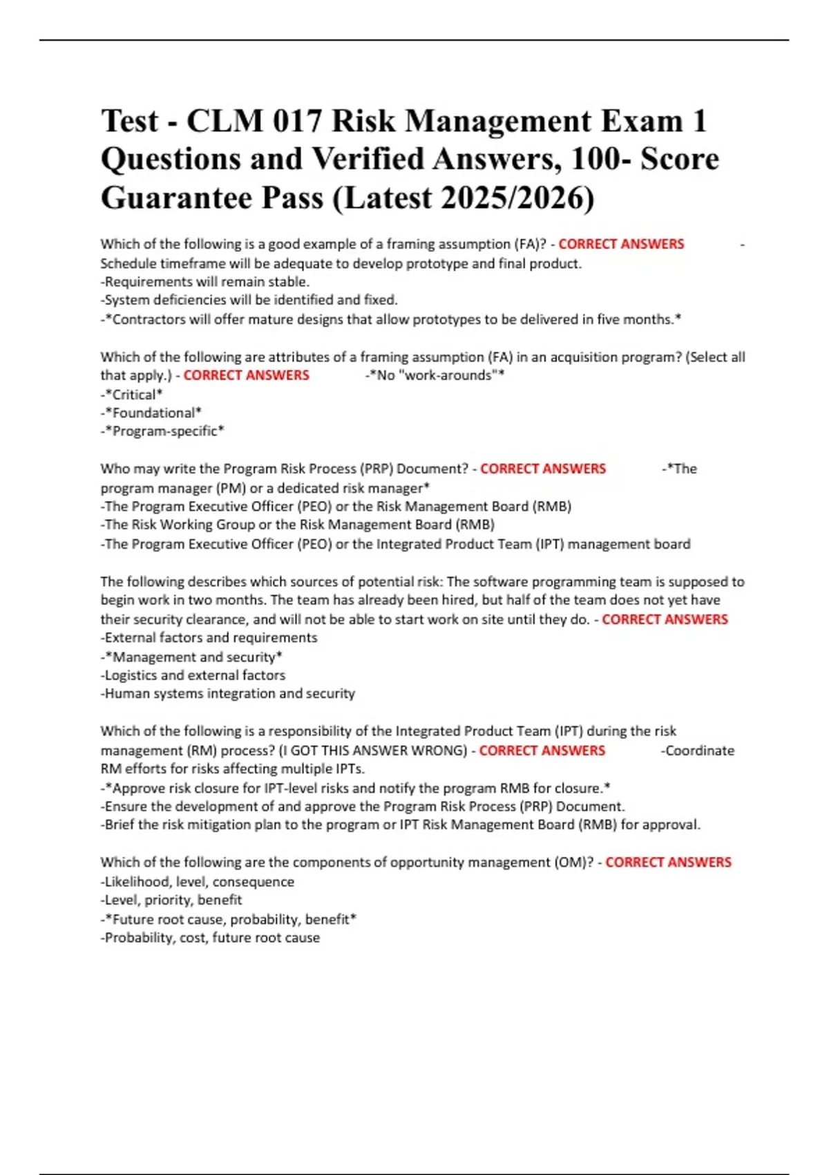 Summary Test - CLM 017 Risk Management Exam 1 Questions and Verified ...
