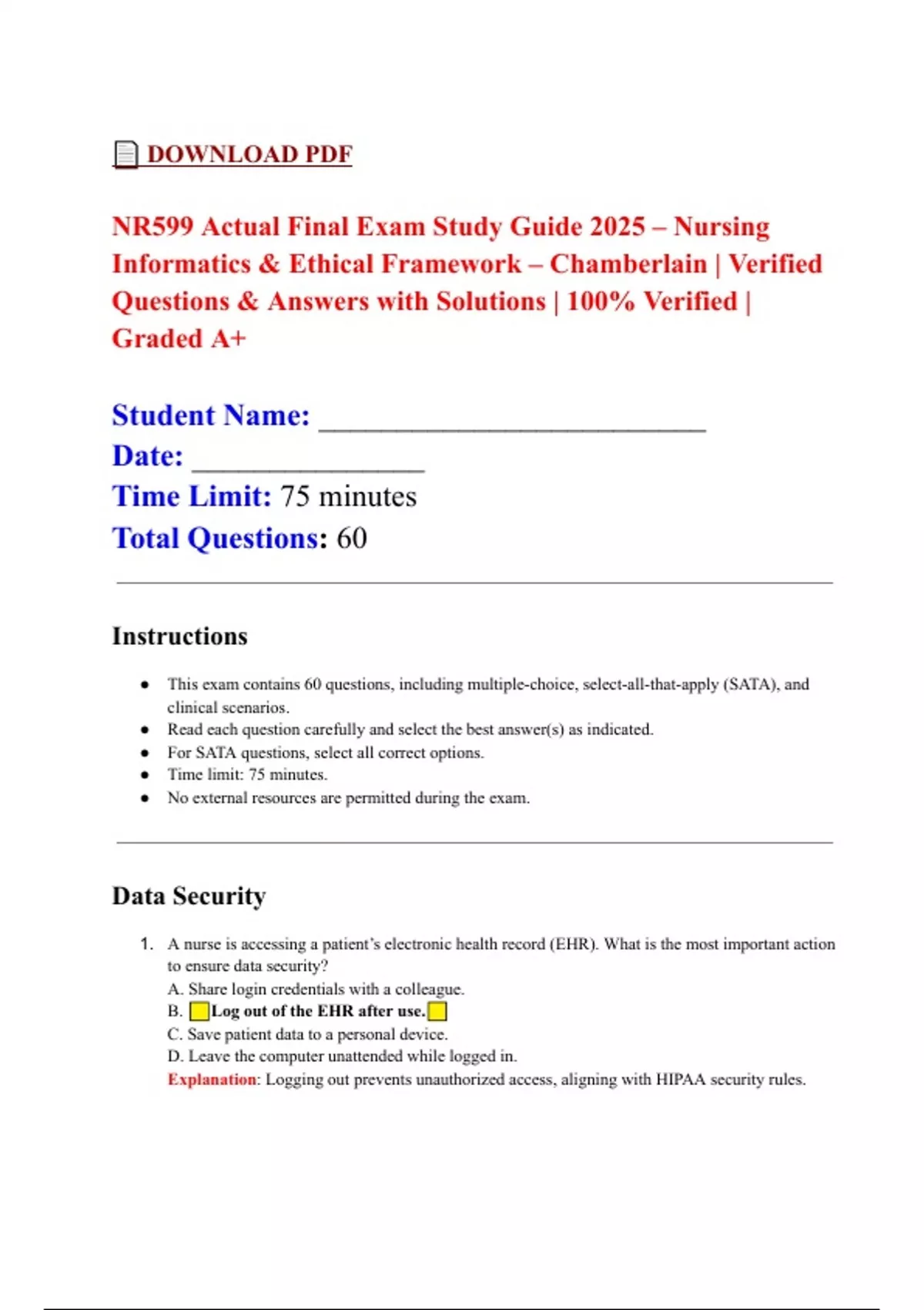 NR599 Actual Final Exam Study Guide 2025 – Nursing Informatics ...