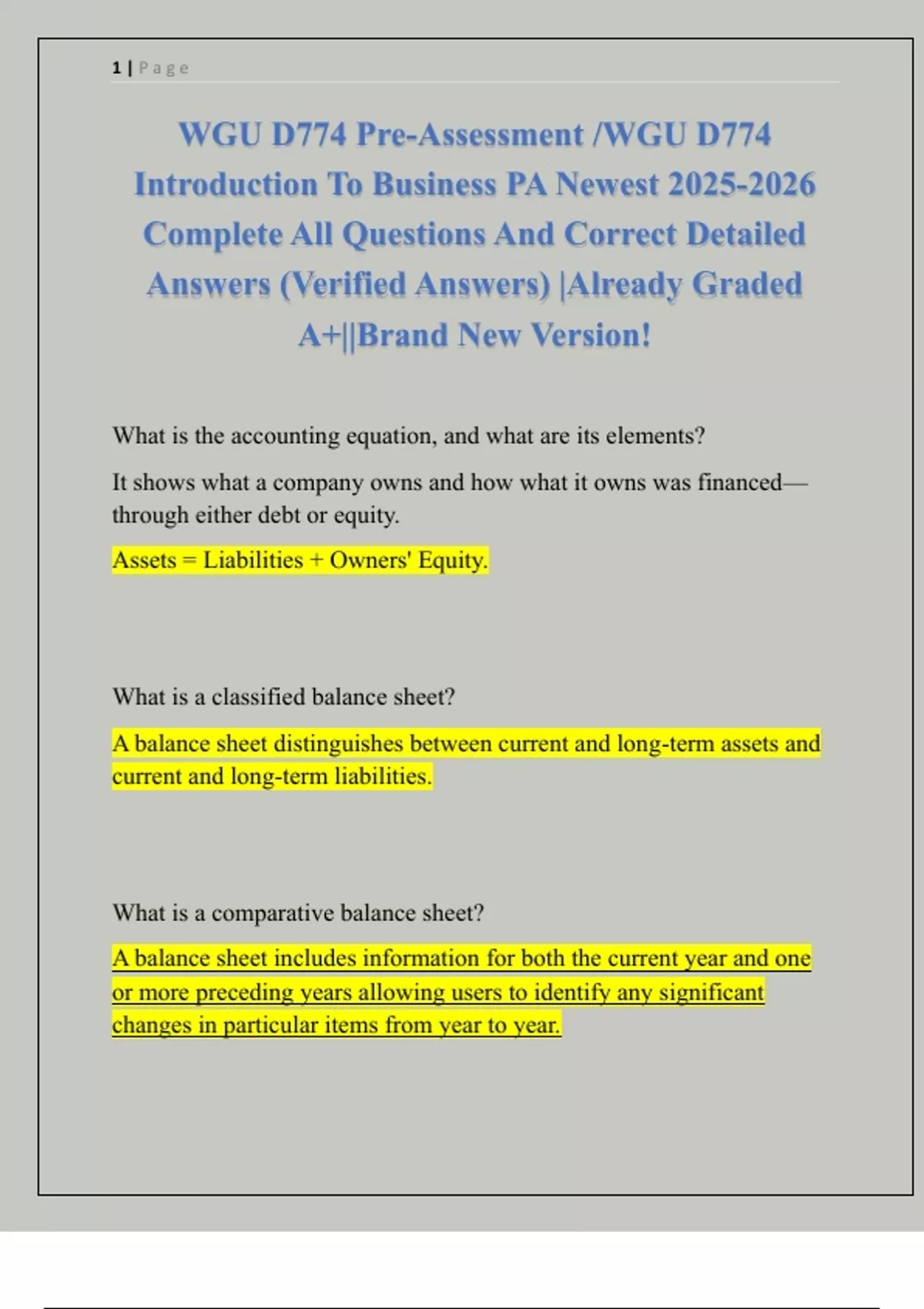 WGU D774 Pre-Assessment /WGU D774 Introduction To Business PA Newest Complete All Questions And ...