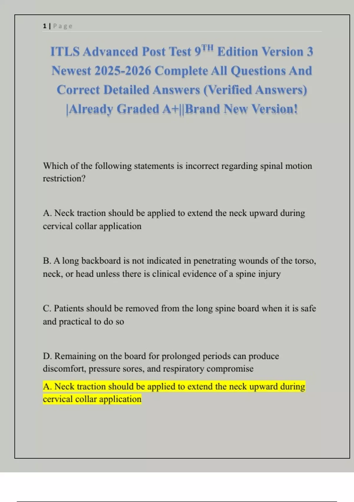 ITLS Advanced Post Test 9TH Edition Version 3 Newest Complete All ...