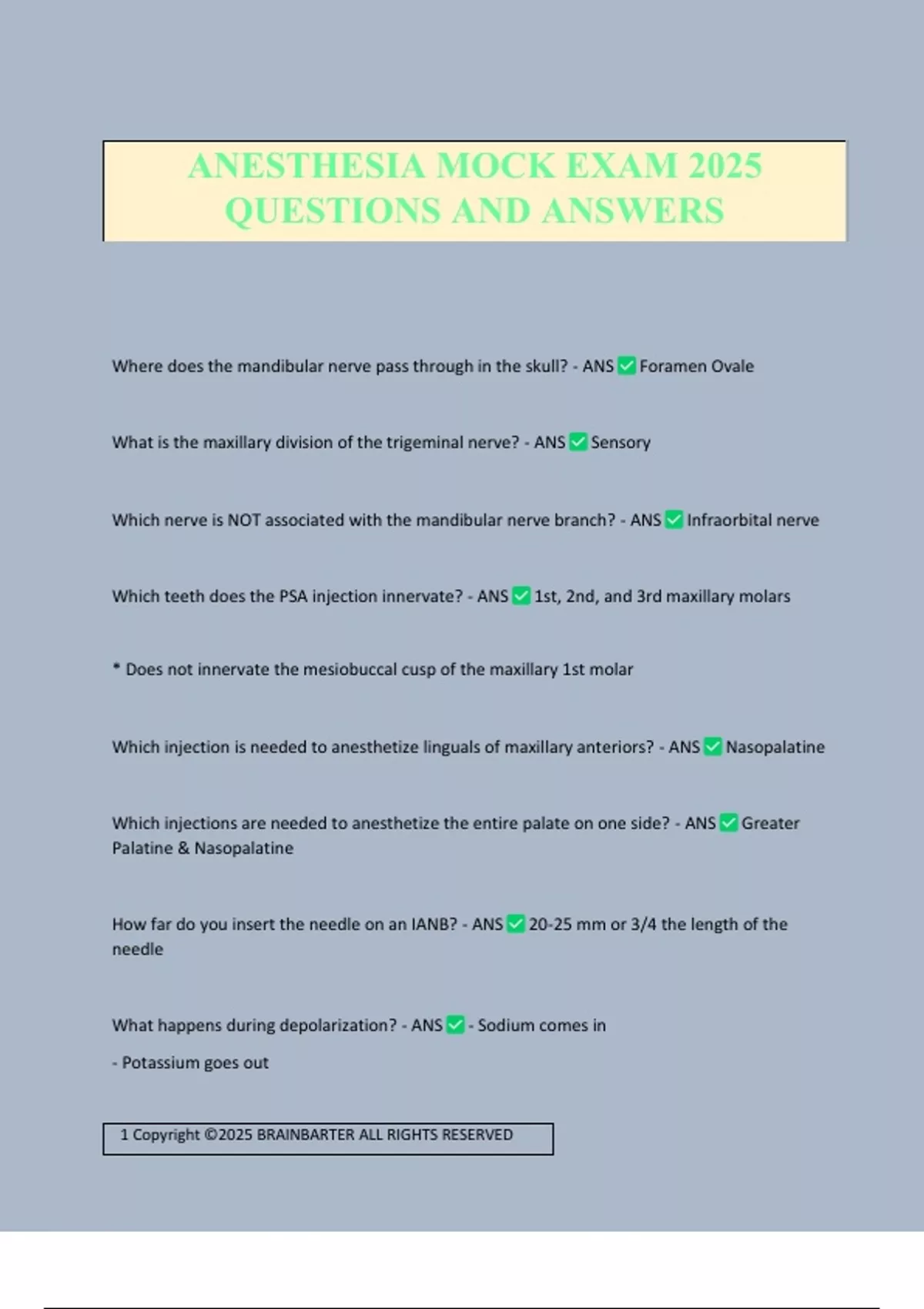 ANESTHESIA MOCK EXAM 2025 QUESTIONS AND ANSWERS - ANESTHESIA - Stuvia US