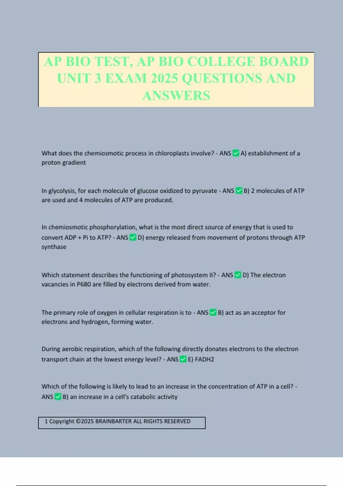 AP BIO TEST, AP BIO COLLEGE BOARD UNIT 3 EXAM 2025 QUESTIONS AND ...