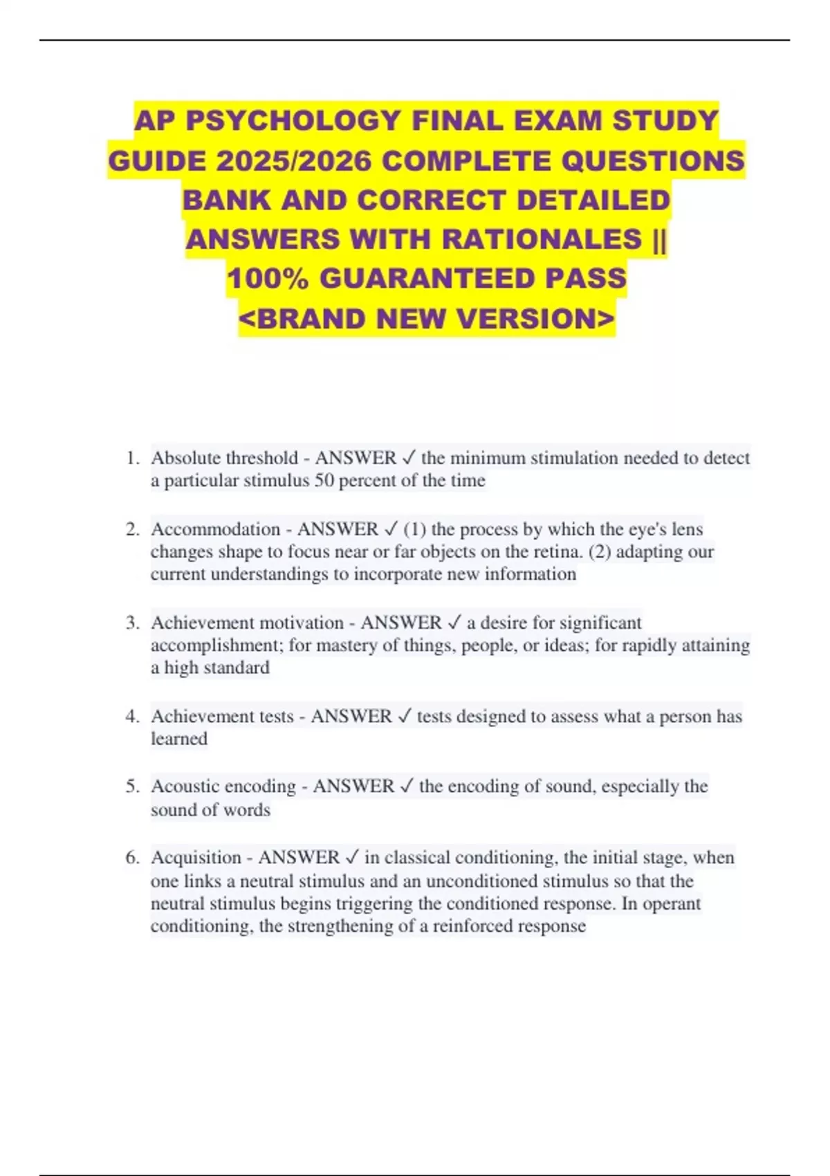 AP PSYCHOLOGY FINAL EXAM STUDY GUIDE 2025/2026 COMPLETE QUESTIONS BANK ...