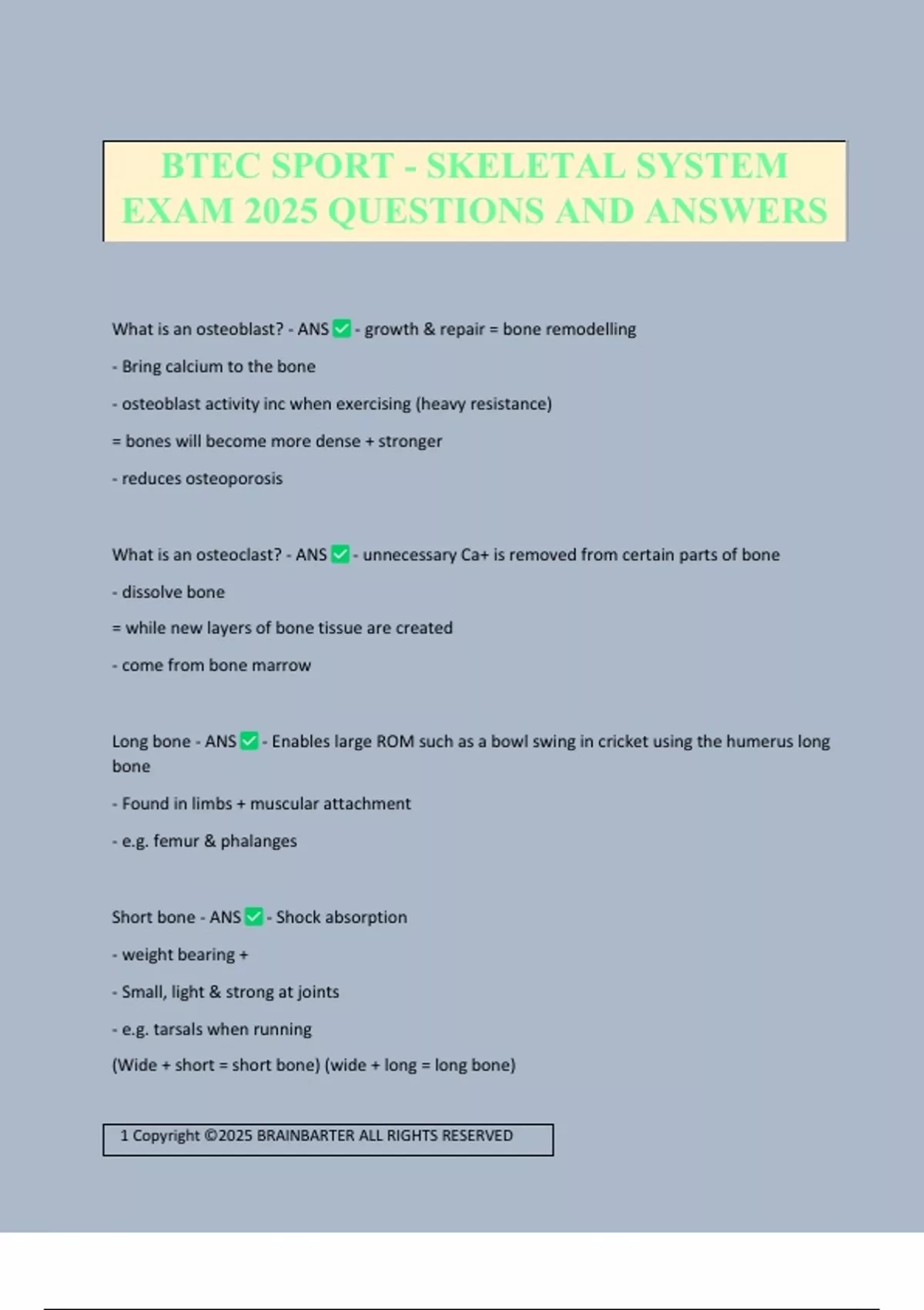 BTEC SPORT - SKELETAL SYSTEM EXAM 2025 QUESTIONS AND ANSWERS - BTEC ...