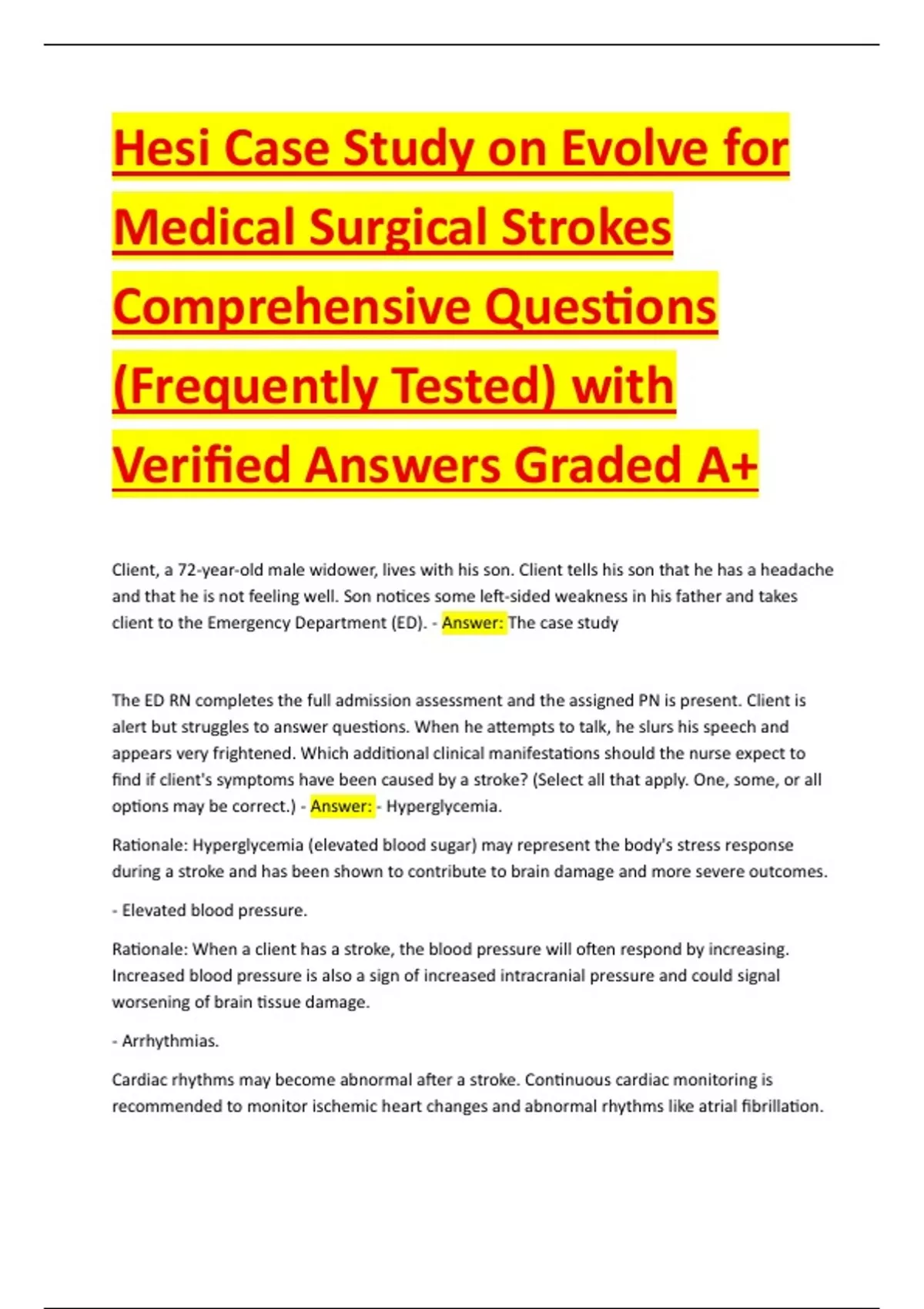 Hesi Case Study on Evolve for Medical Surgical Strokes Comprehensive ...
