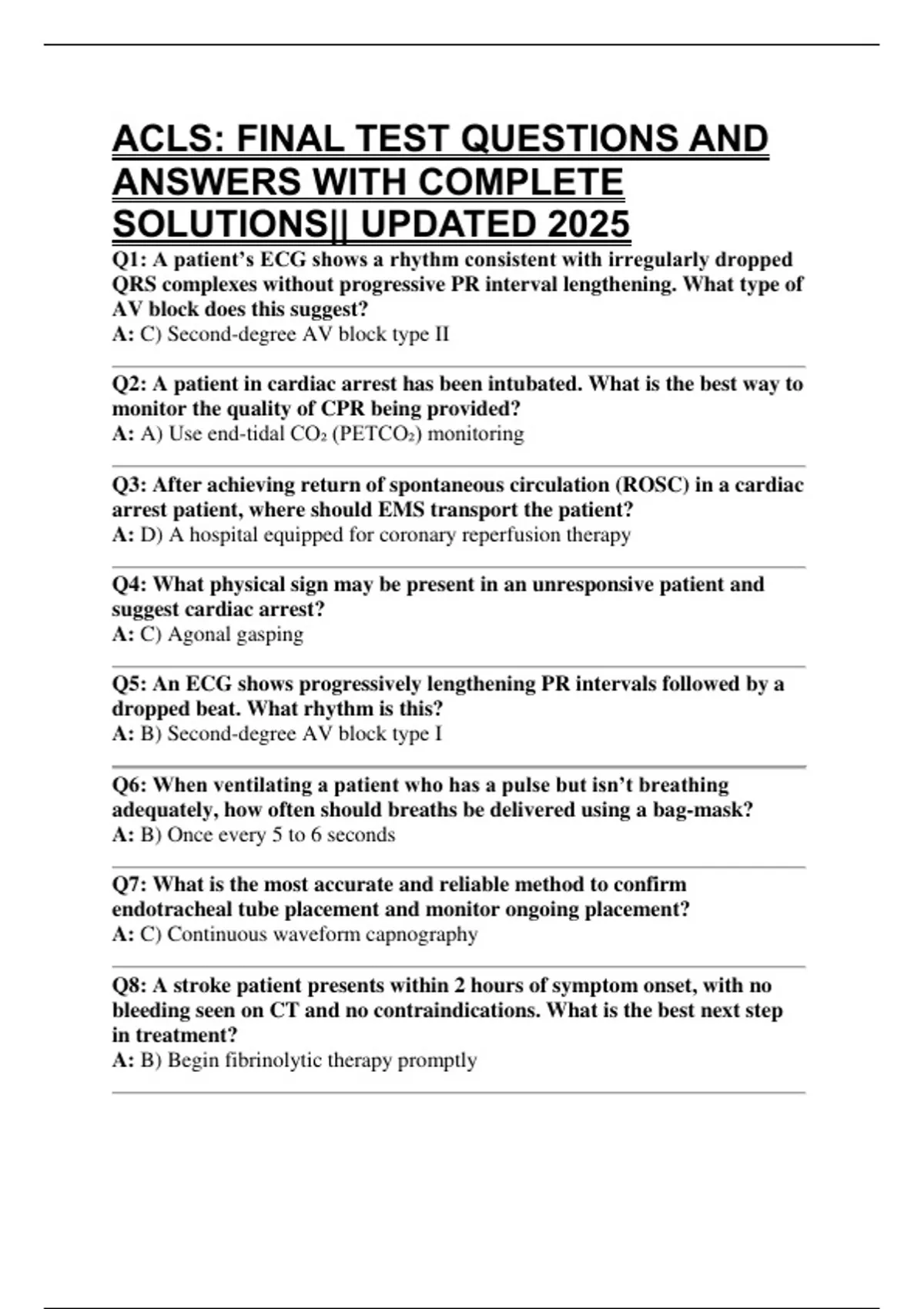 ACLS: FINAL TEST QUESTIONS AND ANSWERS WITH COMPLETE SOLUTIONS ...