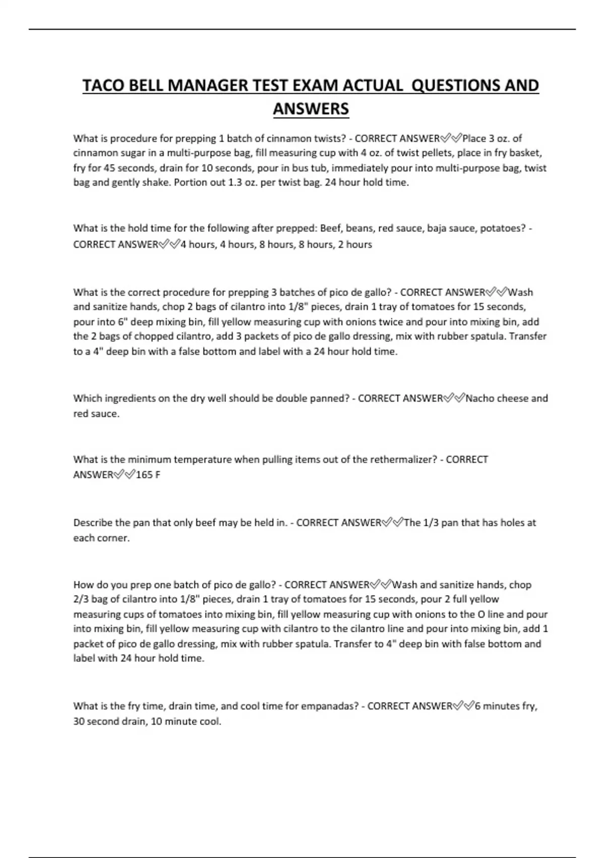 TACO BELL MANAGER TEST EXAM ACTUAL QUESTIONS AND ANSWERS - TACO BELL ...
