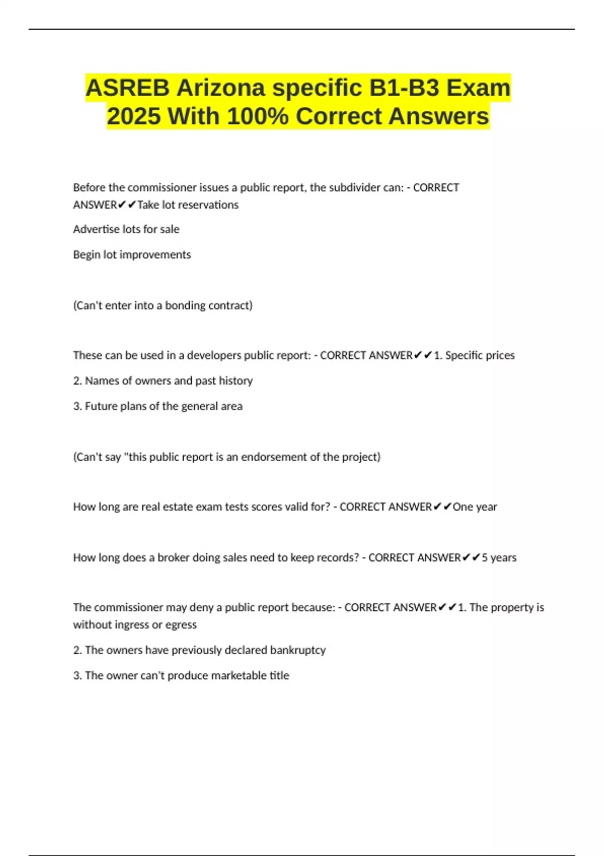 ASREB Arizona specific B1-B3 Exam 2025 With 100% Correct Answers ...