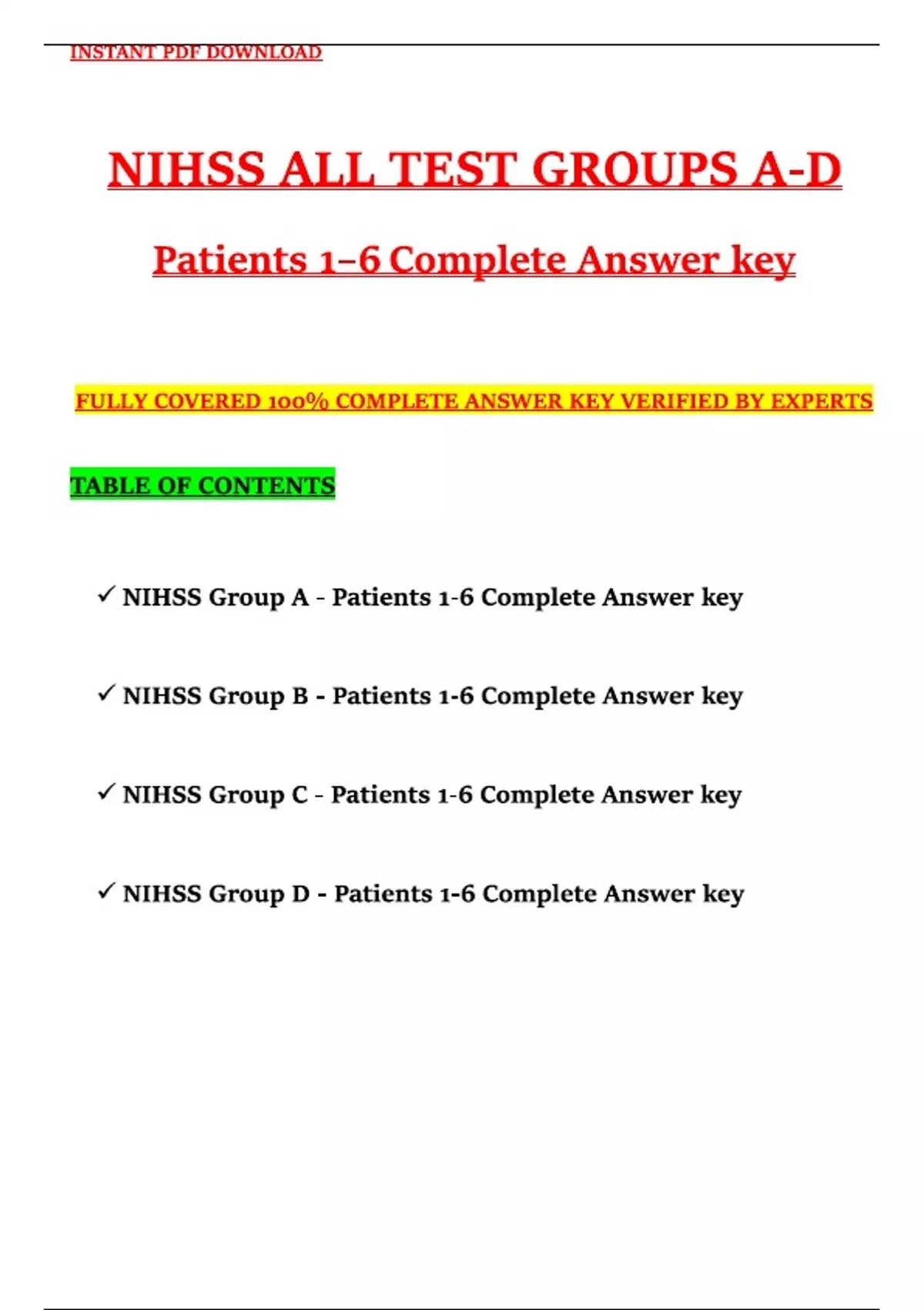 NIHSS ALL TEST GROUPS A-D Patients 1–6 Complete Answer key (Latest 2025 ...