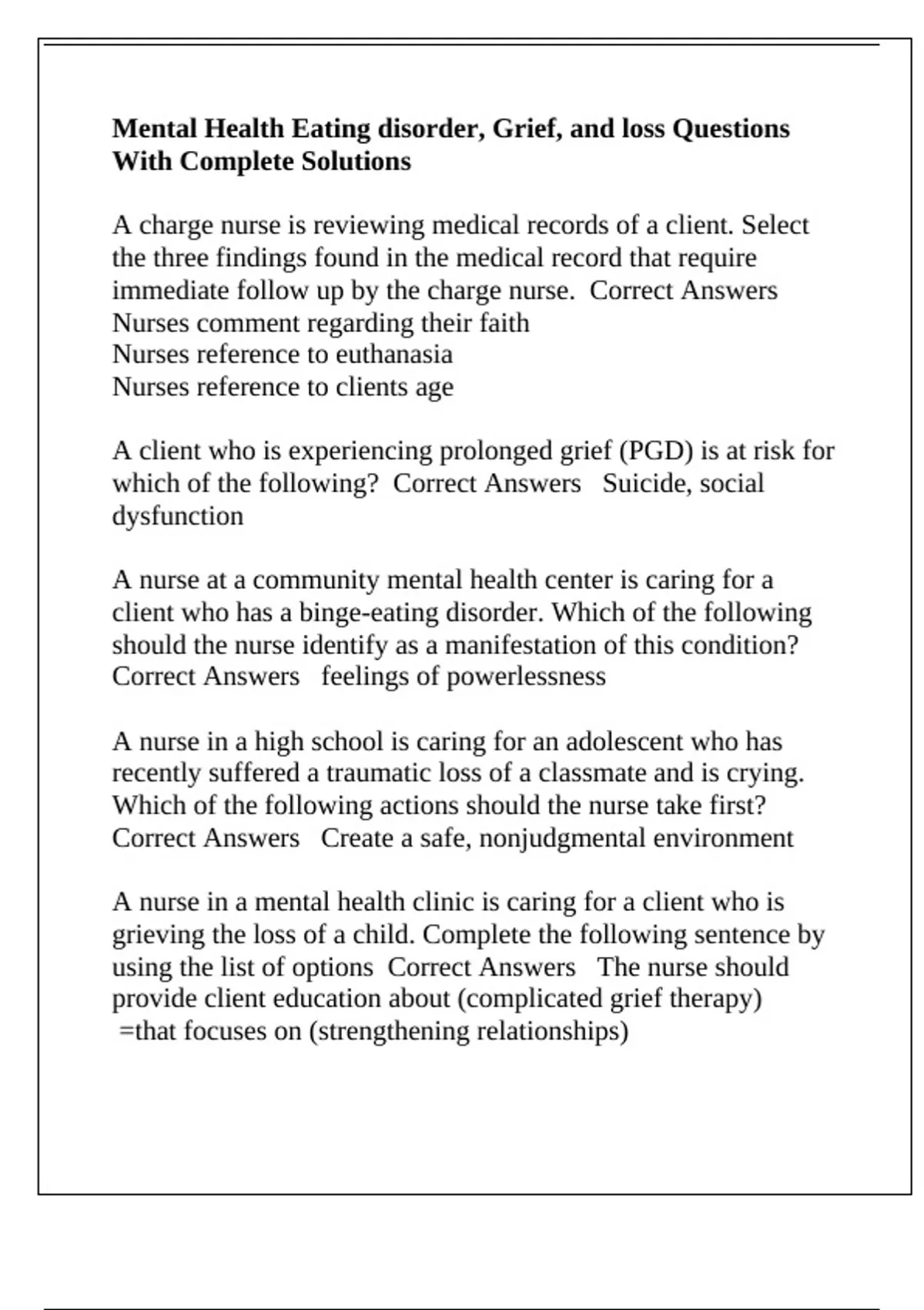Mental Health Eating disorder, Grief, and loss Questions With Complete ...