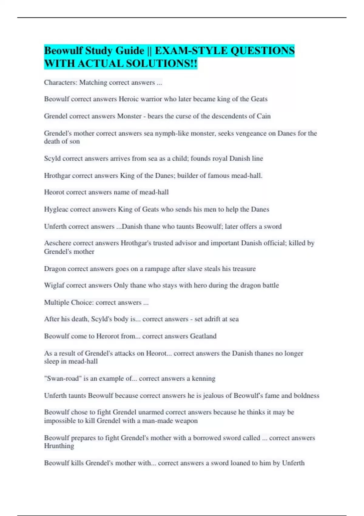 Beowulf Study Guide || EXAM-STYLE QUESTIONS WITH ACTUAL SOLUTIONS ...