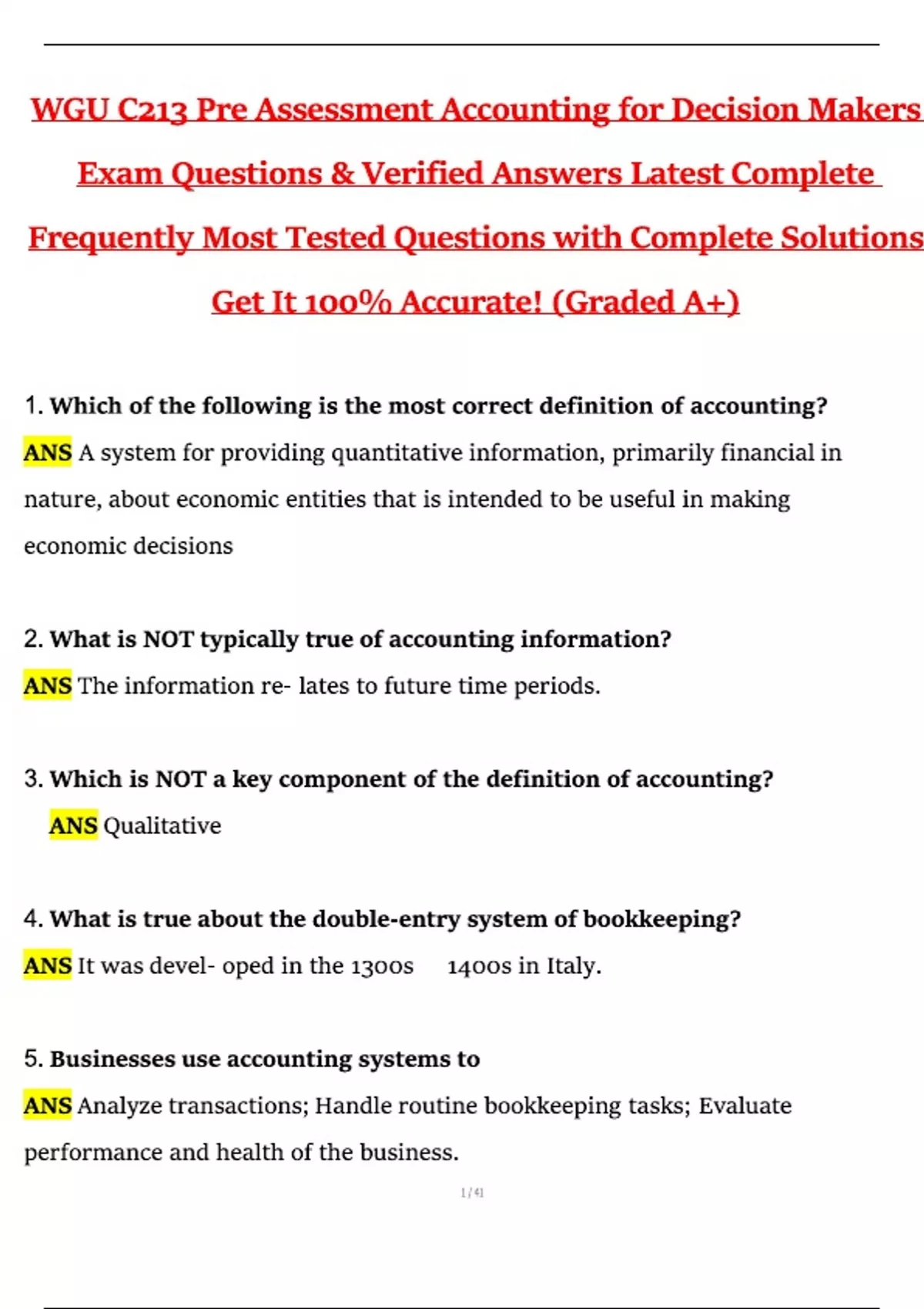 WGU C213 Pre Assessment Accounting for Decision Makers Actual Exam ...
