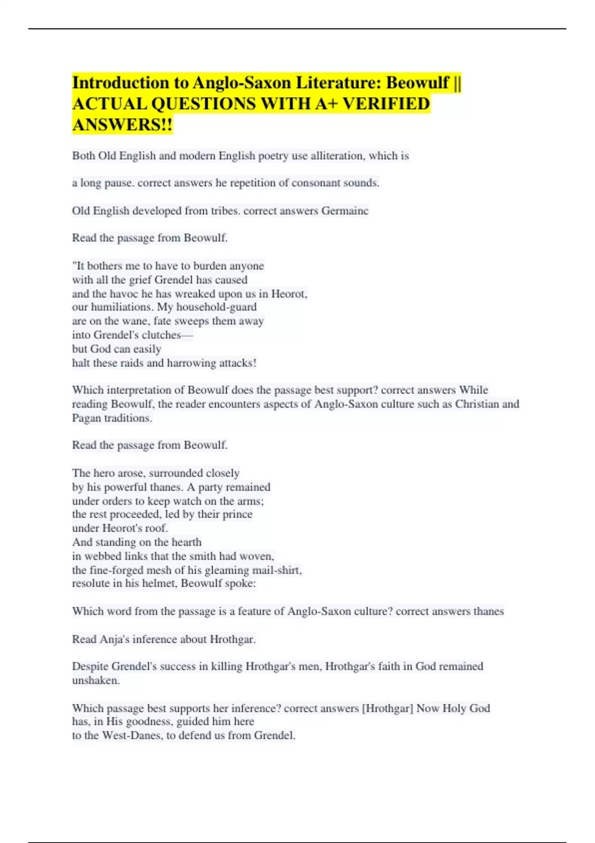 Introduction to Anglo-Saxon Literature: Beowulf || ACTUAL QUESTIONS ...