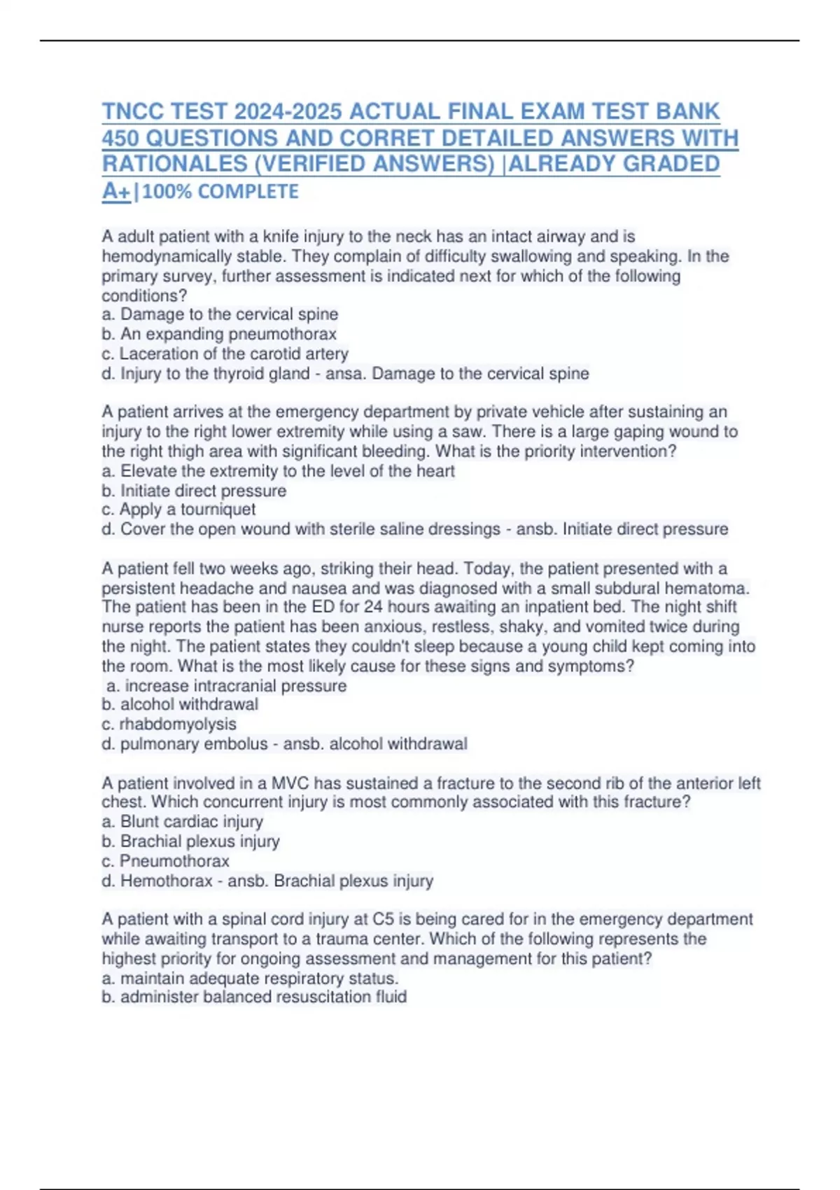 TNCC Final Exam Test Bank 2025/2026 – 450 Questions with Verified ...