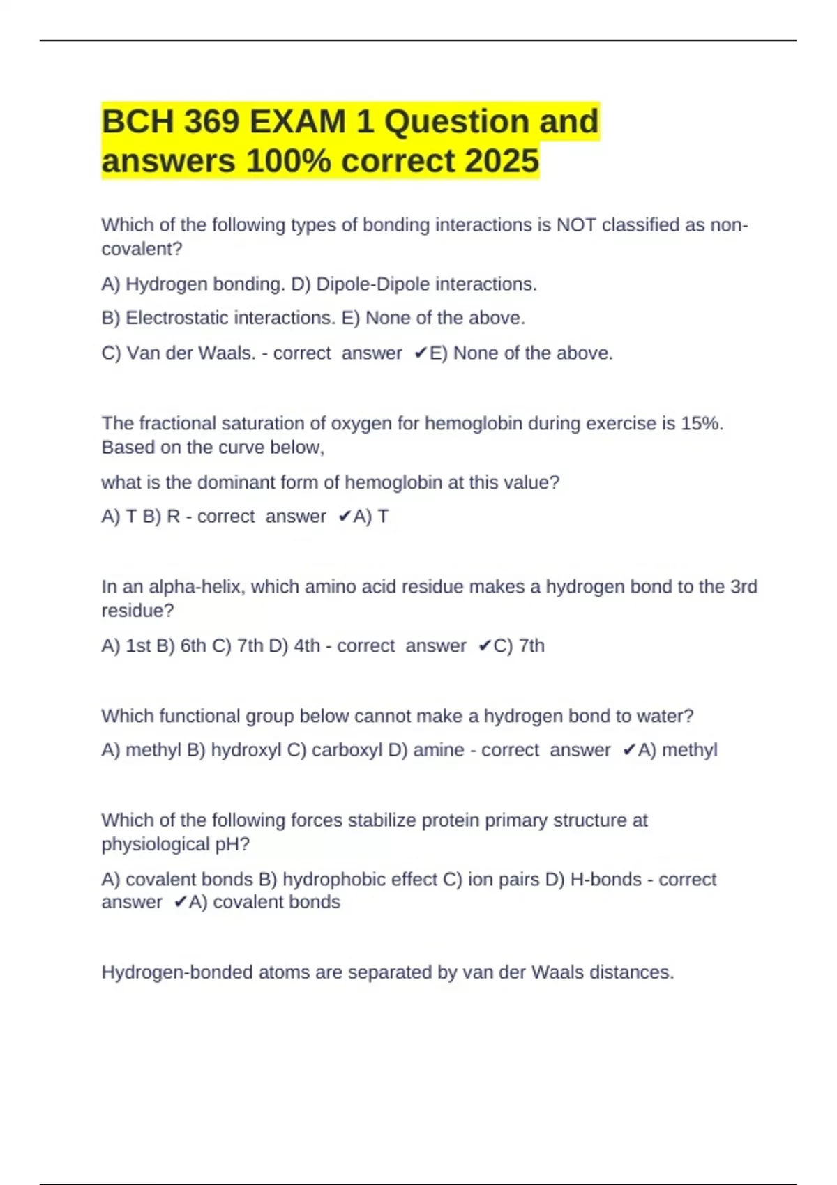 BCH 369 EXAM 1 Question and answers 100% correct 2025 - BCH 369 - Stuvia US