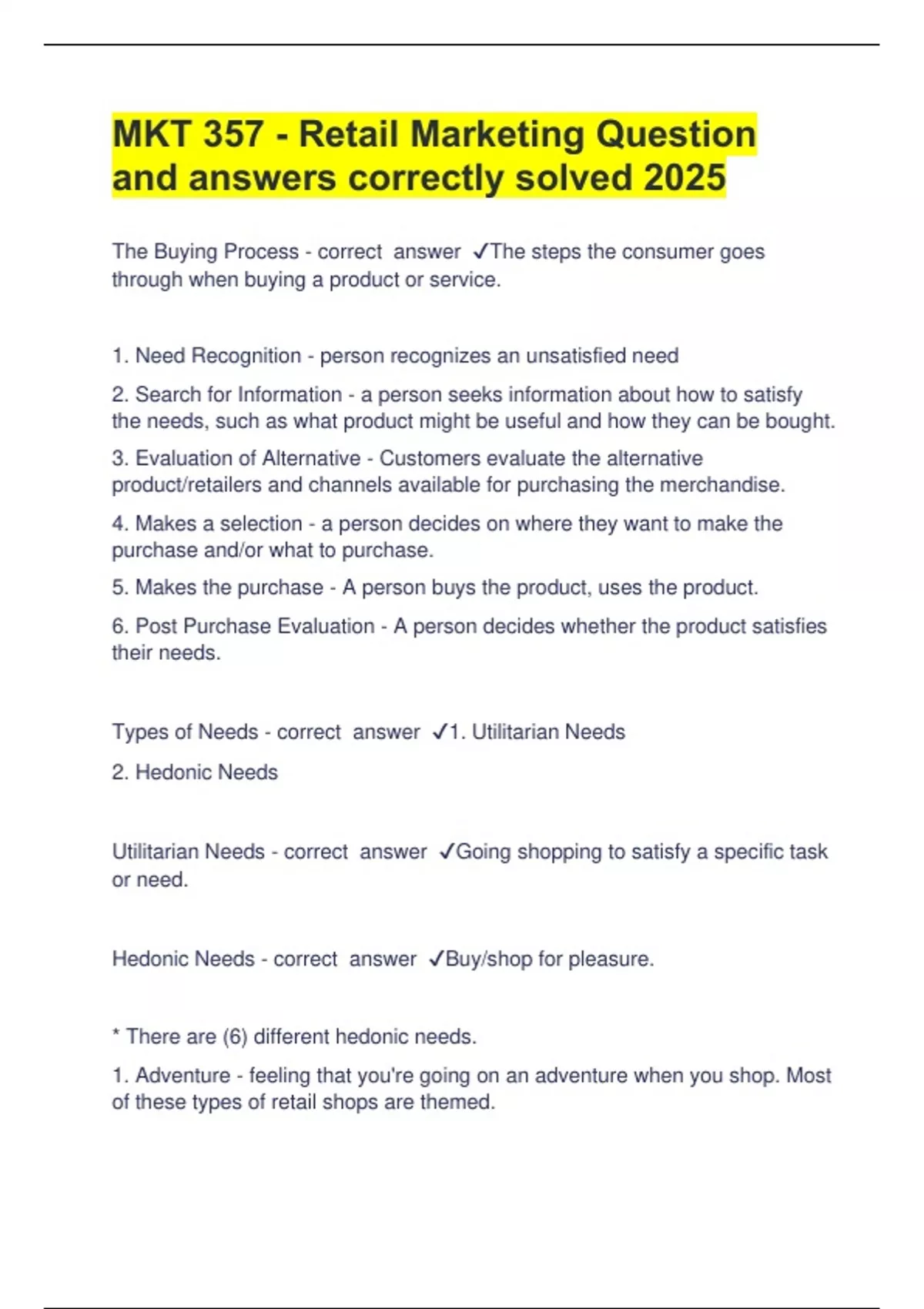 MKT 357 - Retail Marketing Question and answers correctly solved 2025 ...