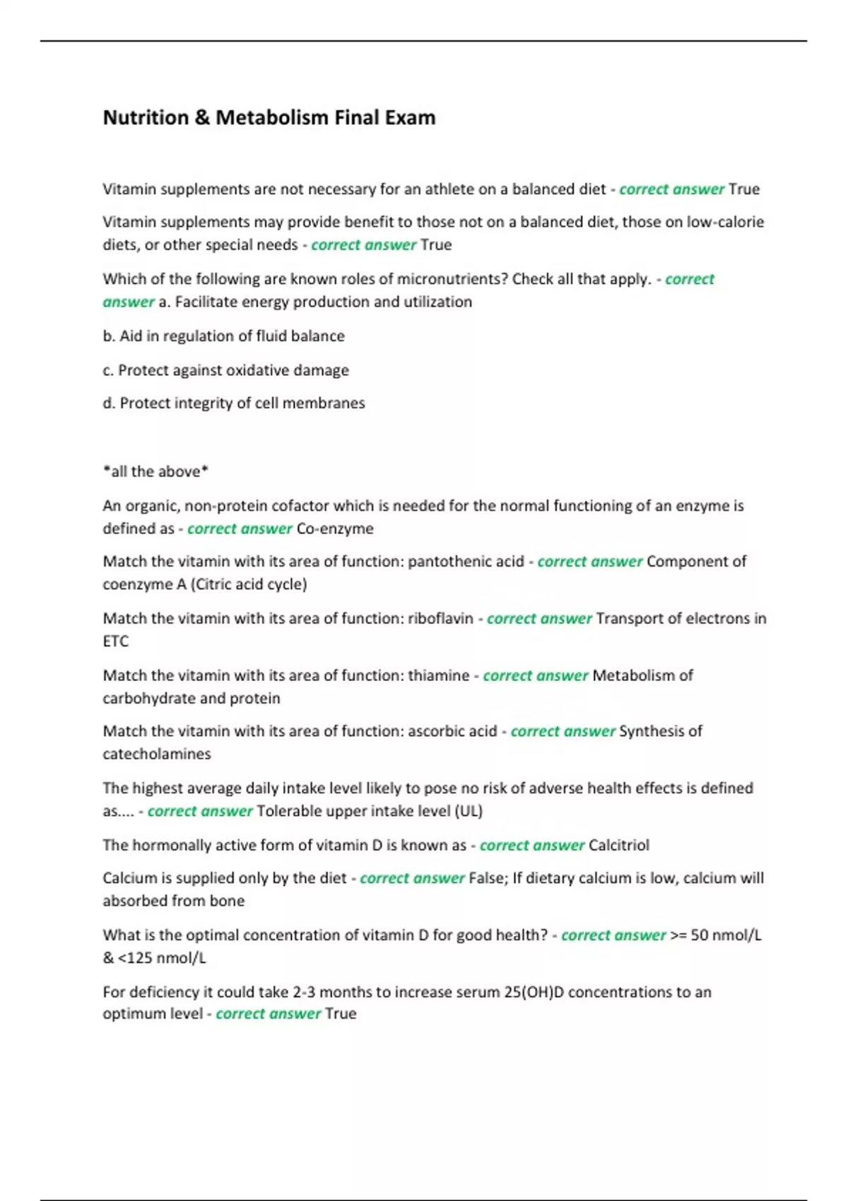 Nutrition & Metabolism Final Exam - Nutrition - Stuvia US