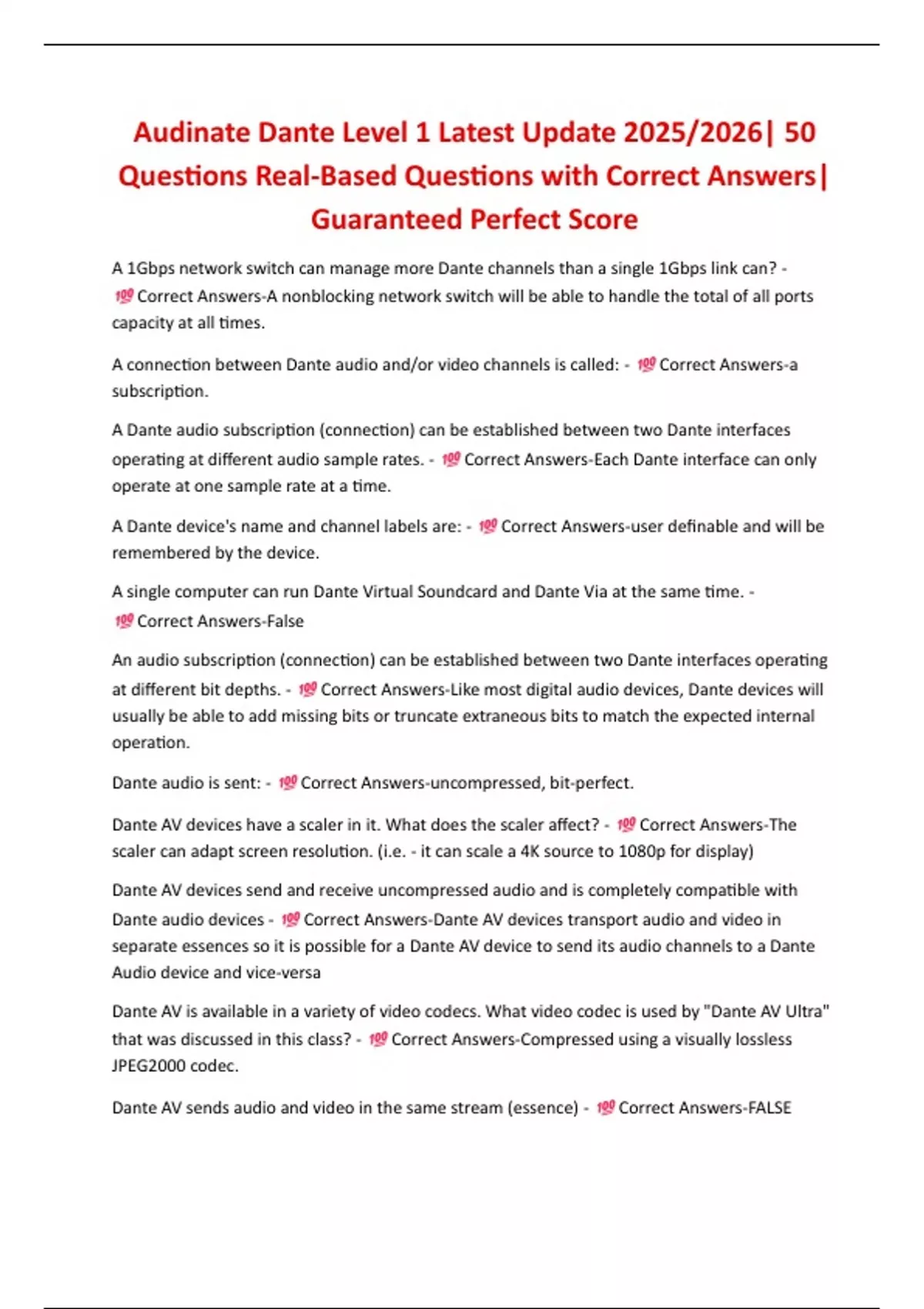 Audinate Dante Level 1 Latest Update 2025/2026| 50 Questions Real-Based ...