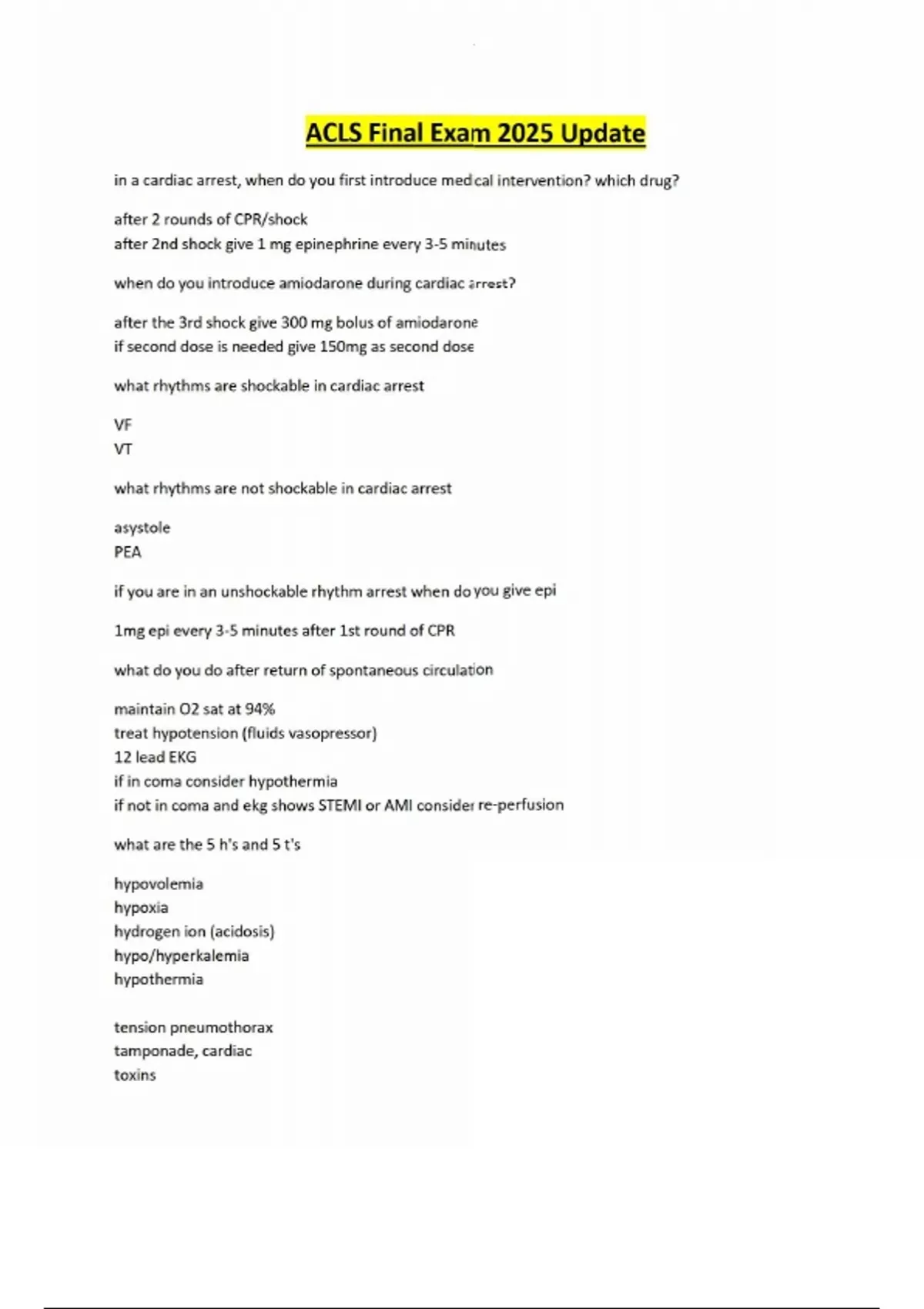 ACLS Final Exam 2025 Update - ACLS and PALS - Stuvia US