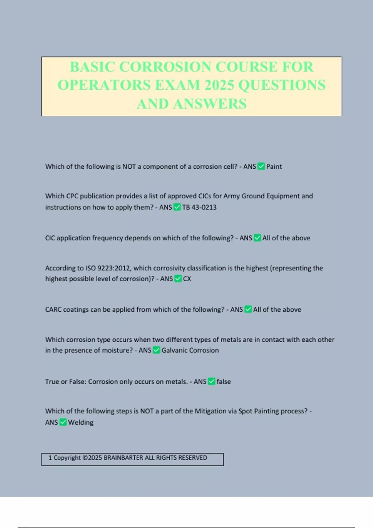 BASIC CORROSION COURSE FOR OPERATORS EXAM 2025 QUESTIONS AND ANSWERS ...