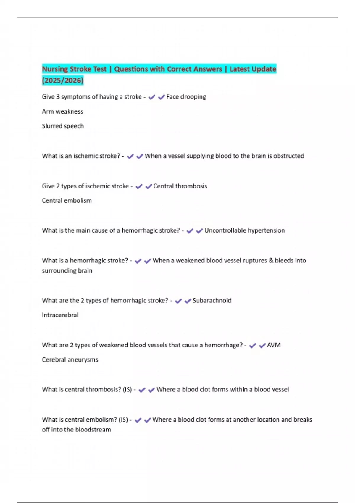 Nursing Stroke Test | Questions with Correct Answers | Latest Update ...