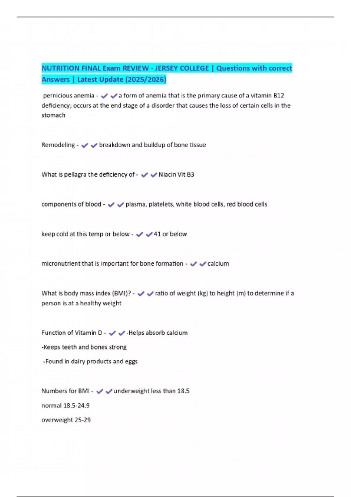 NUTRITION FINAL Exam REVIEW - JERSEY COLLEGE | Questions with correct ...