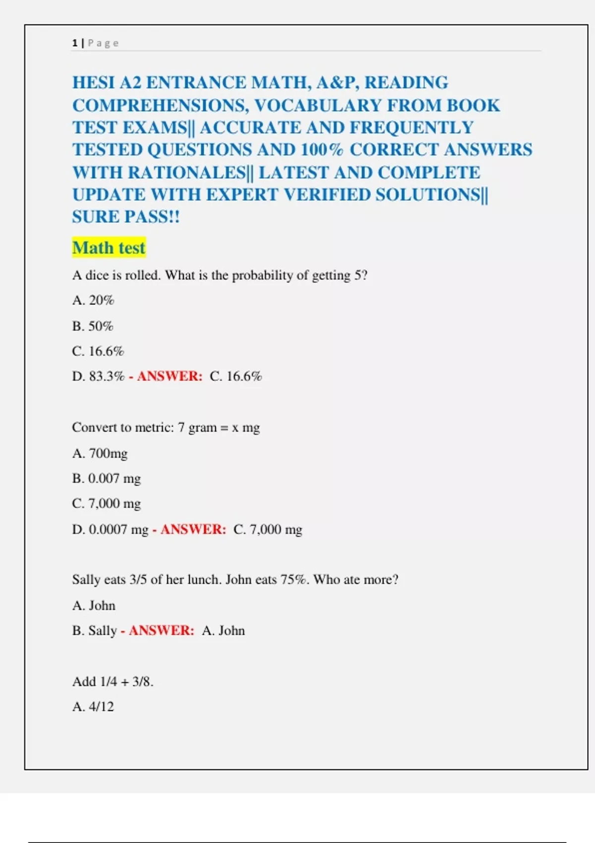 HESI A2 ENTRANCE MATH, A&P, READING COMPREHENSIONS, VOCABULARY FROM ...