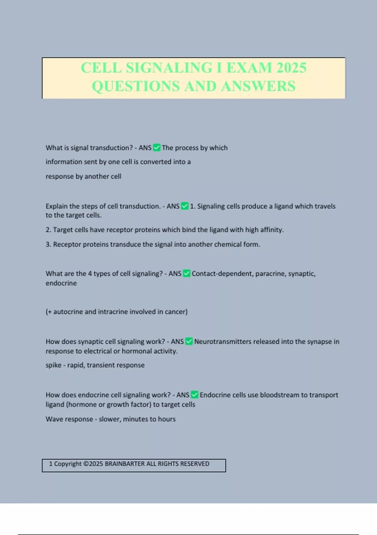 CELL SIGNALING I EXAM 2025 QUESTIONS AND ANSWERS - CELL SIGNALING ...