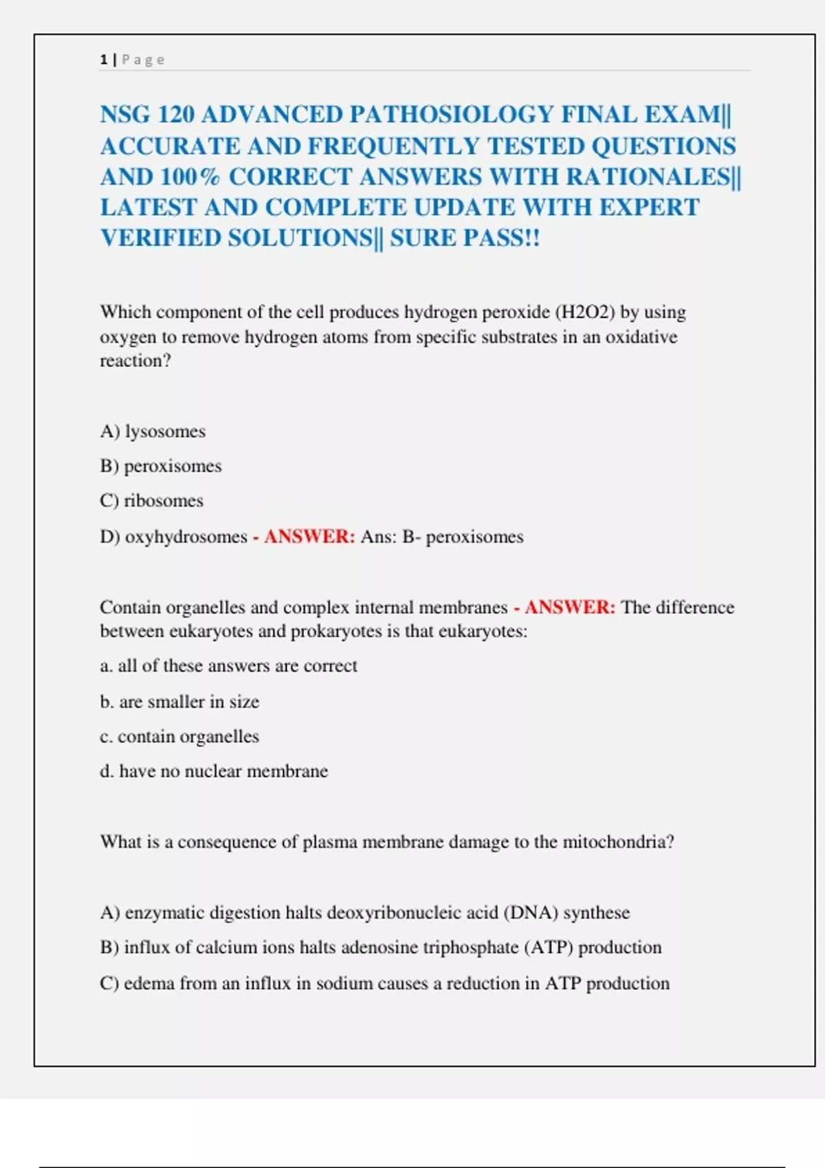 NSG 120 EXAM 1/ NSG 120 ADVANCED PATHOPHYSIOLOGY EXAM 1|| NSG 120 FINAL EXAM|| ACCURATE AND ...