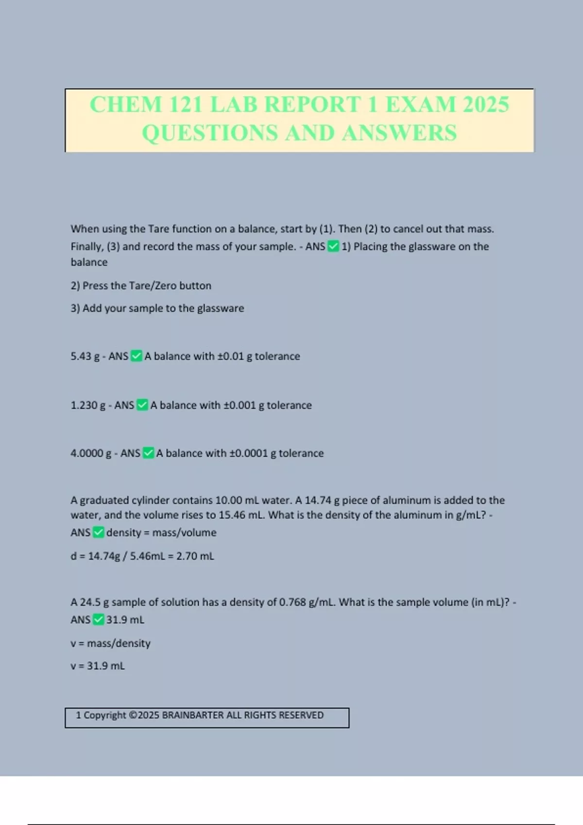 CHEM 121 LAB REPORT 1 EXAM 2025 QUESTIONS AND ANSWERS - CHEM 121 ...