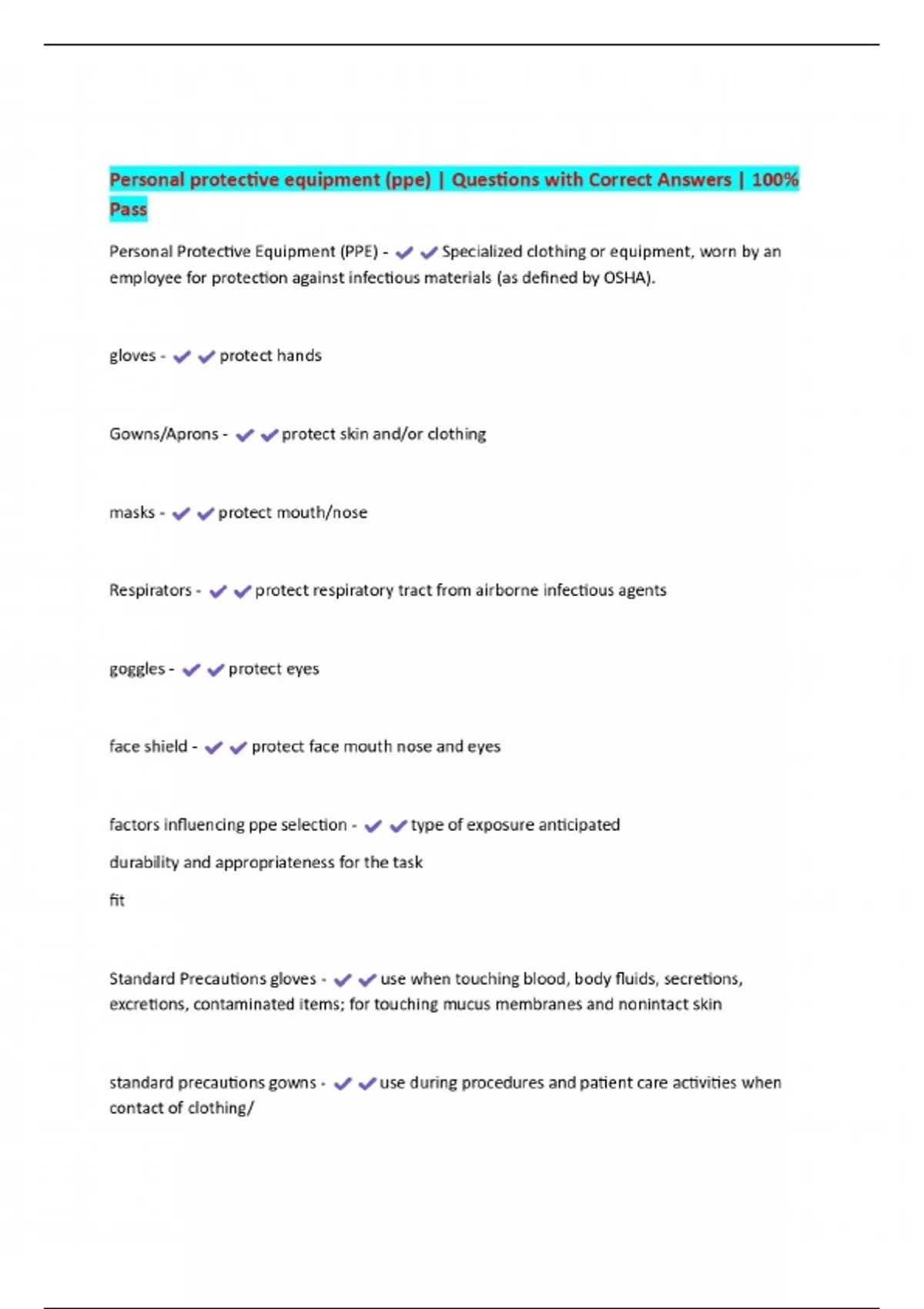 Personal protective equipment (ppe) | Questions with Correct Answers ...