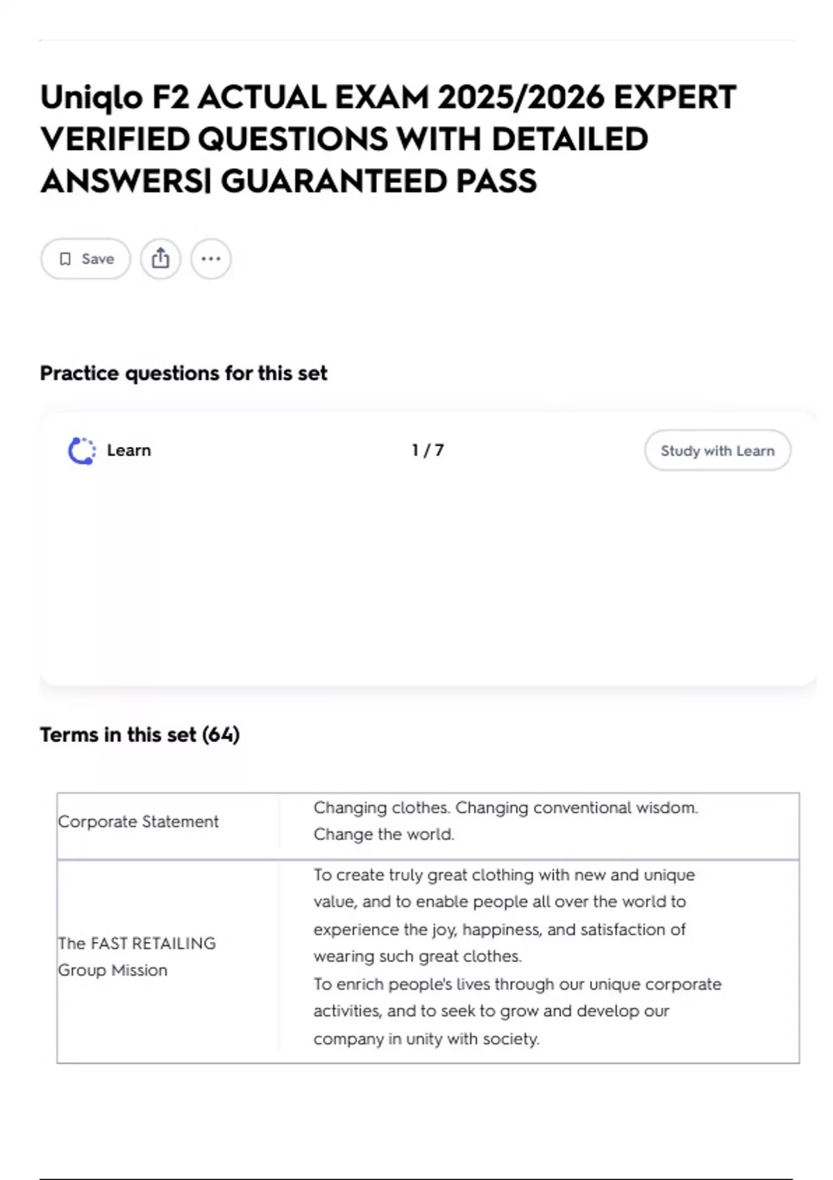 Uniqlo F2 ACTUAL EXAM 2025/2026 EXPERT VERIFIED QUESTIONS WITH DETAILED ...