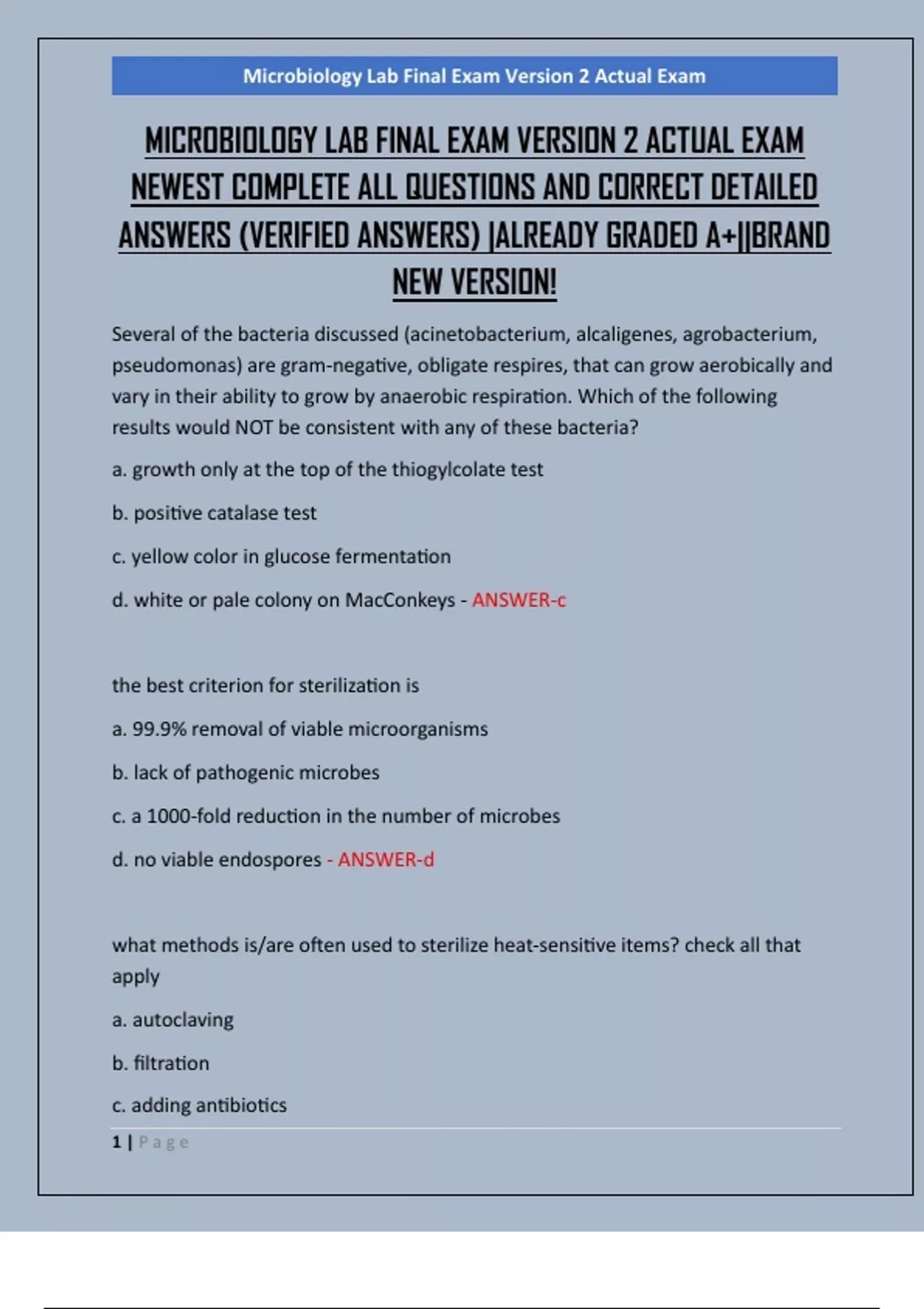 MICROBIOLOGY LAB FINAL EXAM VERSION 2 ACTUAL EXAM NEWEST COMPLETE ALL ...
