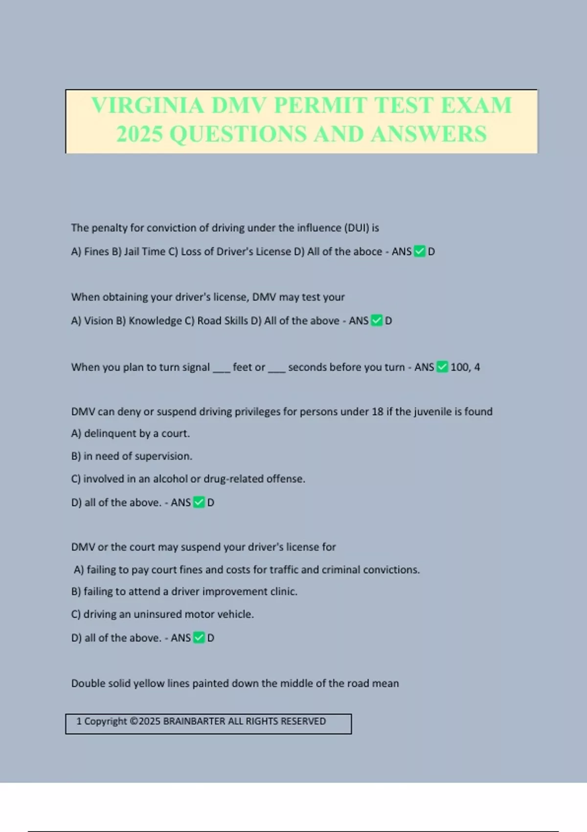 VIRGINIA DMV PERMIT TEST EXAM 2025 QUESTIONS AND ANSWERS - DMV - Stuvia US