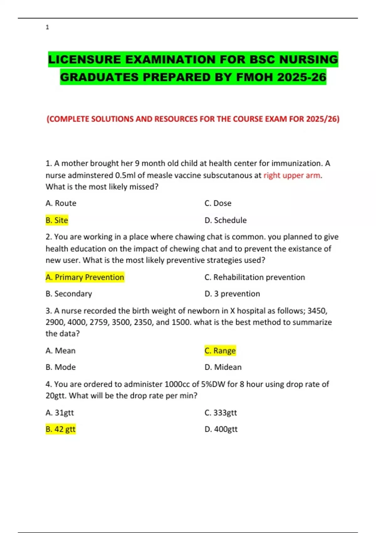 LICENSURE EXAMINATION FOR BSC NURSING GRADUATES PREPARED BY FMOH 2025 ...
