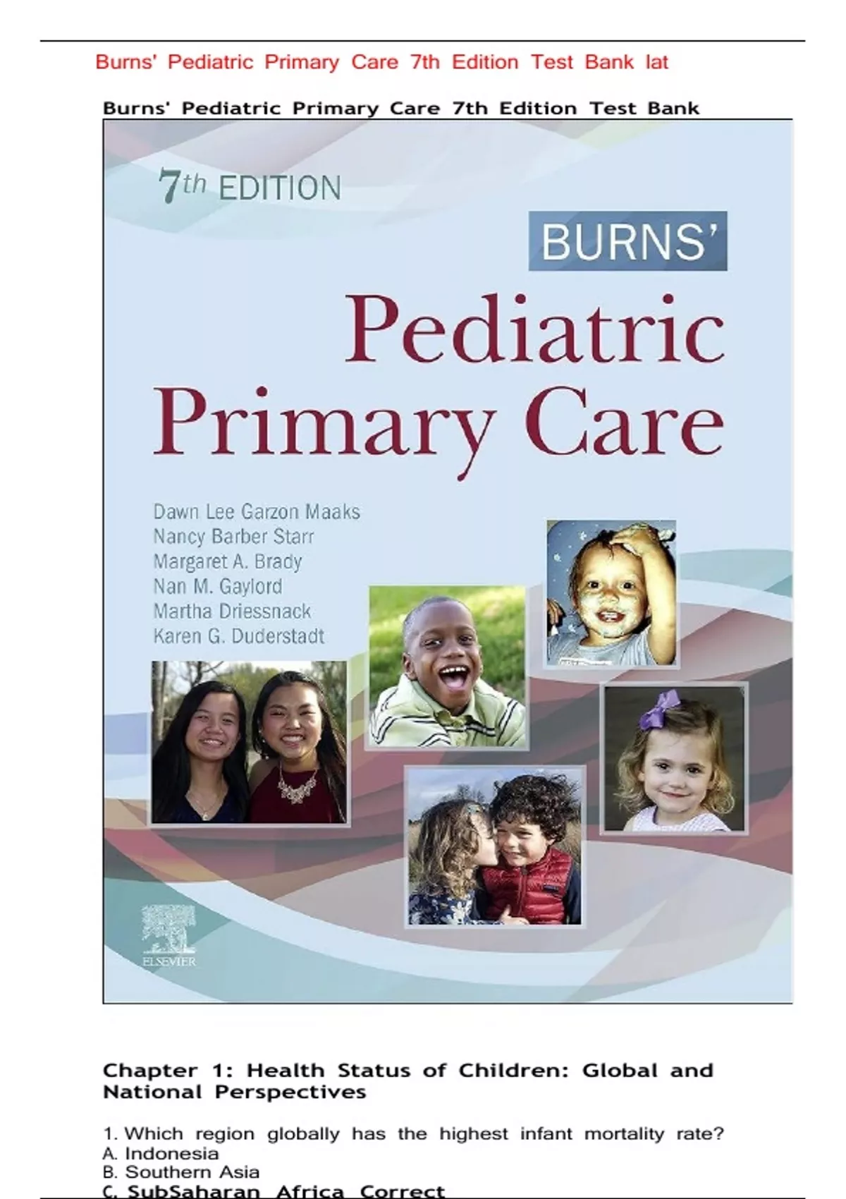 TEST BANK FOR Burns' Pediatric Primary Care 7th Edition by Dawn Lee ...