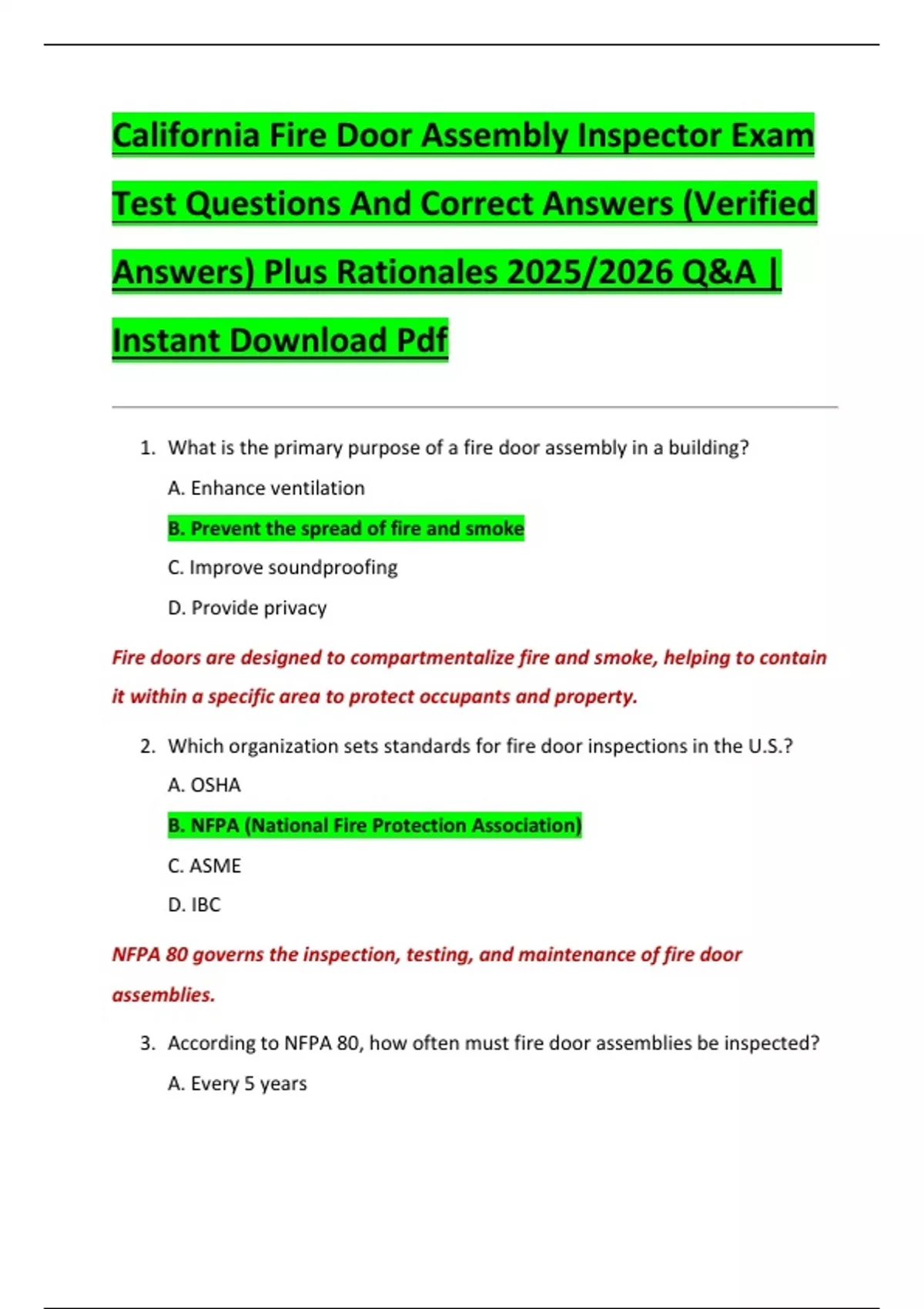 California Fire Door Assembly Inspector Exam Test Questions And Correct ...