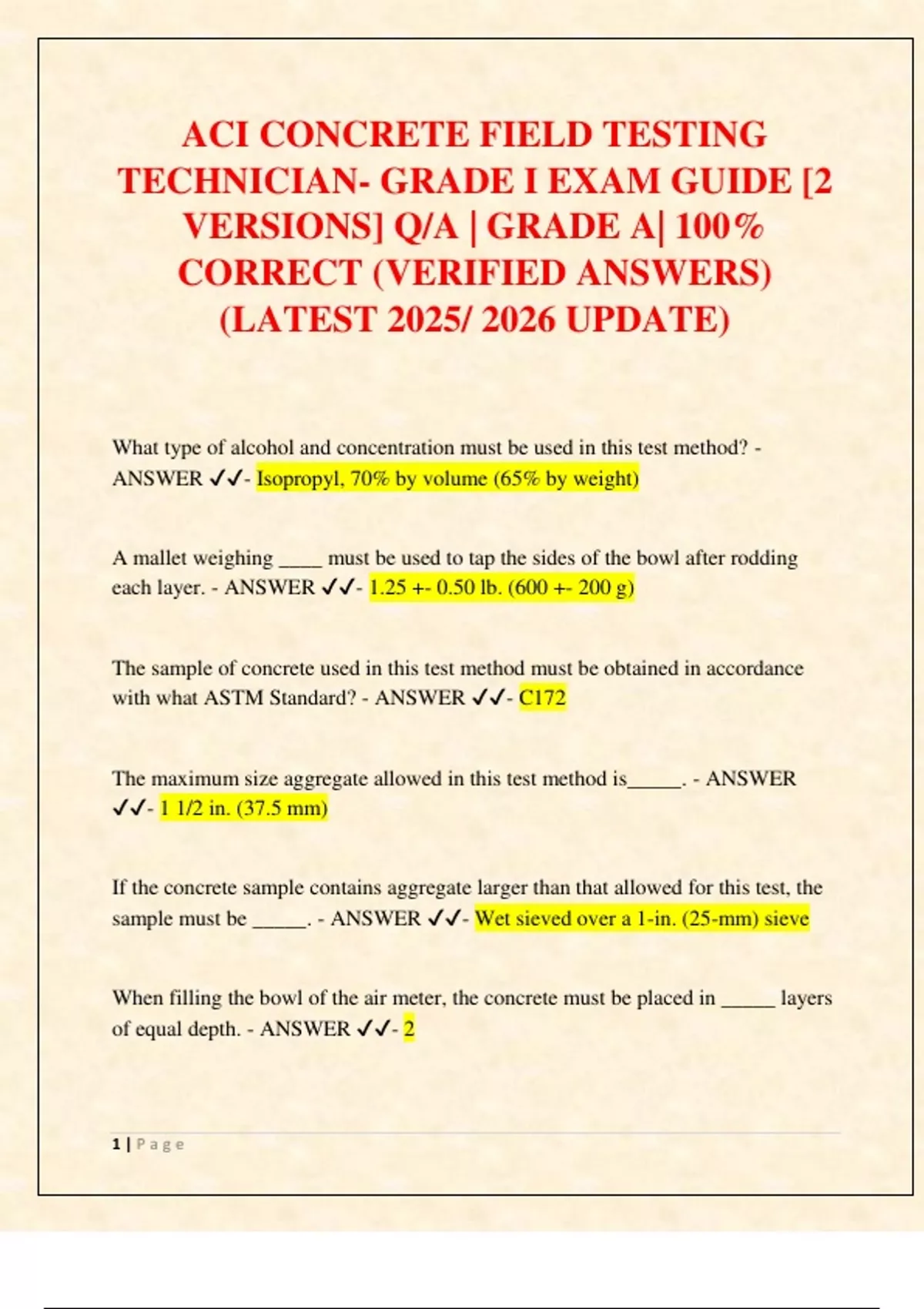 ACI CONCRETE FIELD TESTING TECHNICIAN- GRADE I EXAM GUIDE [2 VERSIONS ...