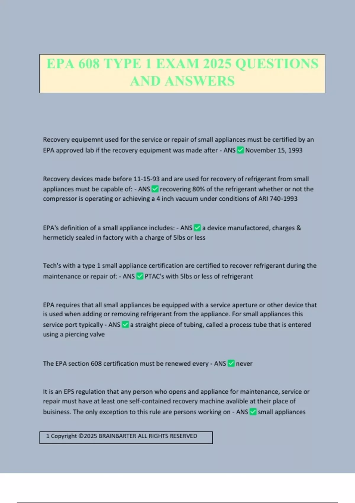 EPA 608 TYPE 1 EXAM 2025 QUESTIONS AND ANSWERS - EPA 608 - Stuvia US