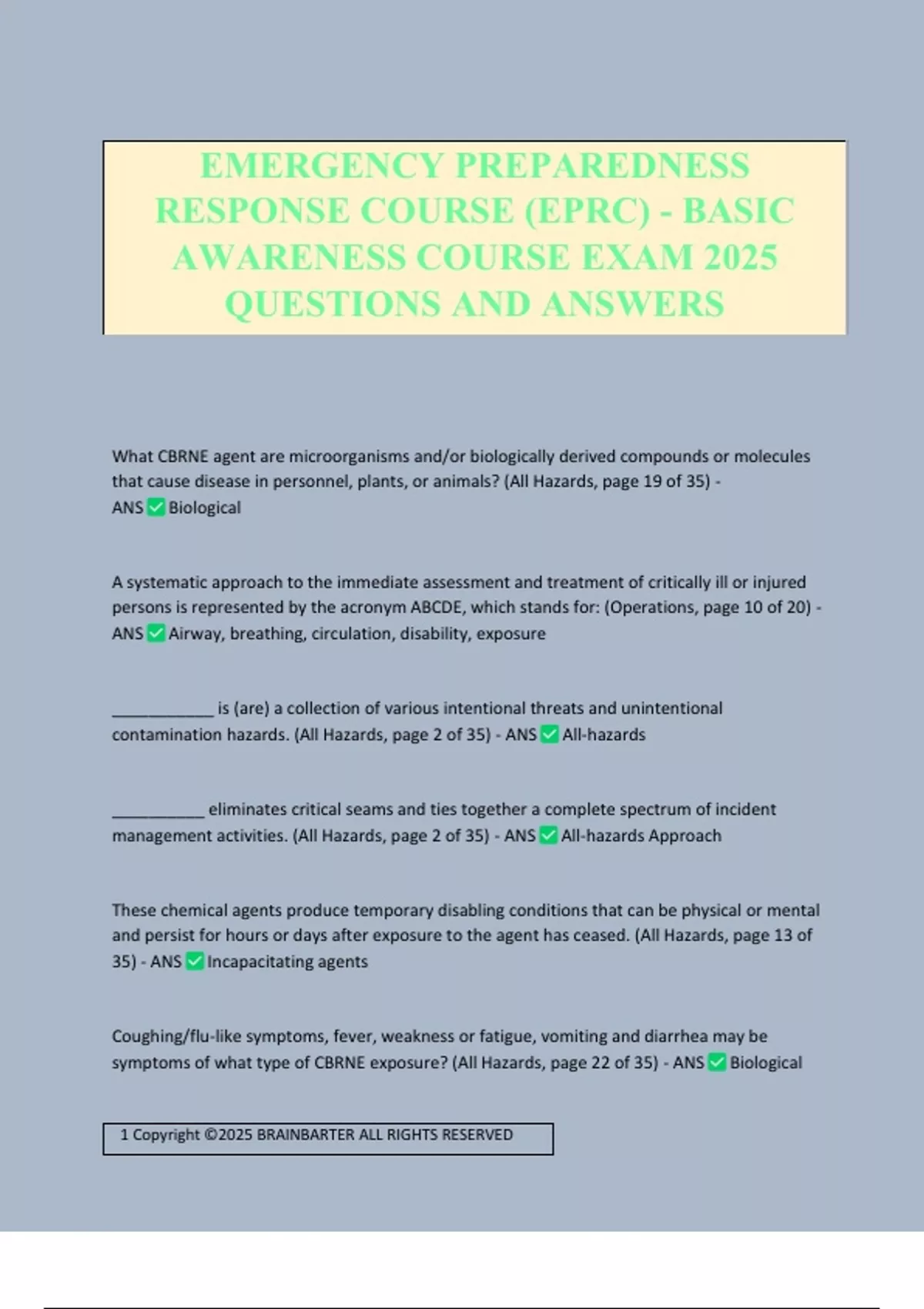 EMERGENCY PREPAREDNESS RESPONSE COURSE (EPRC) - BASIC AWARENESS COURSE EXAM 2025 QUESTIONS AND ...