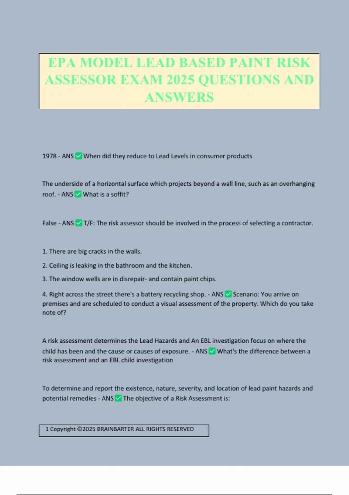 EPA MODEL LEAD BASED PAINT RISK ASSESSOR EXAM 2025 QUESTIONS AND ...