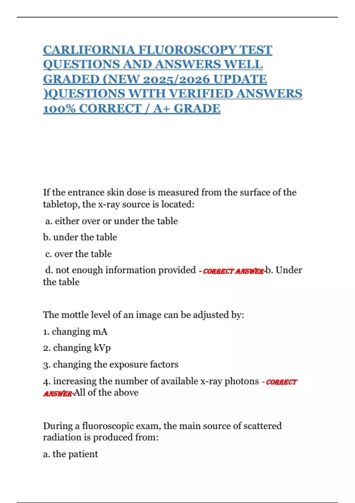 CARLIFORNIA FLUOROSCOPY TEST QUESTIONS AND ANSWERS WELL GRADED (NEW ...
