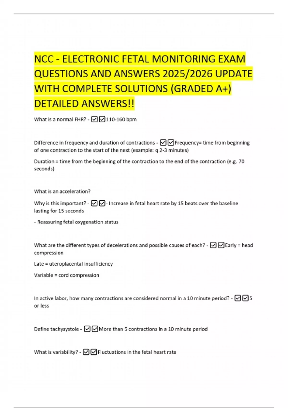NCC - ELECTRONIC FETAL MONITORING EXAM QUESTIONS AND ANSWERS 2025/2026 UPDATE WITH COMPLETE ...