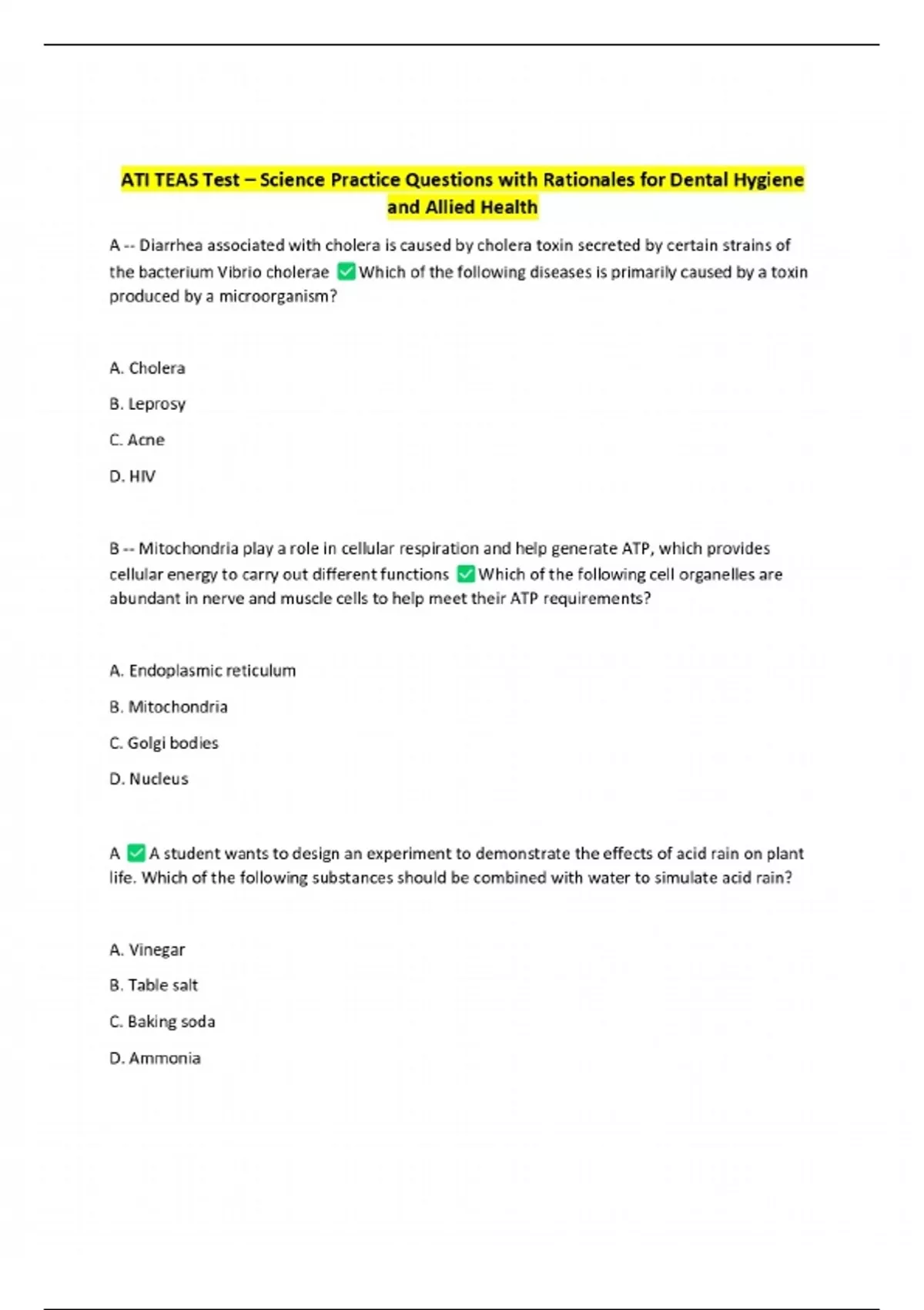 ATI TEAS Test – Science Practice Questions with Rationales for Dental ...