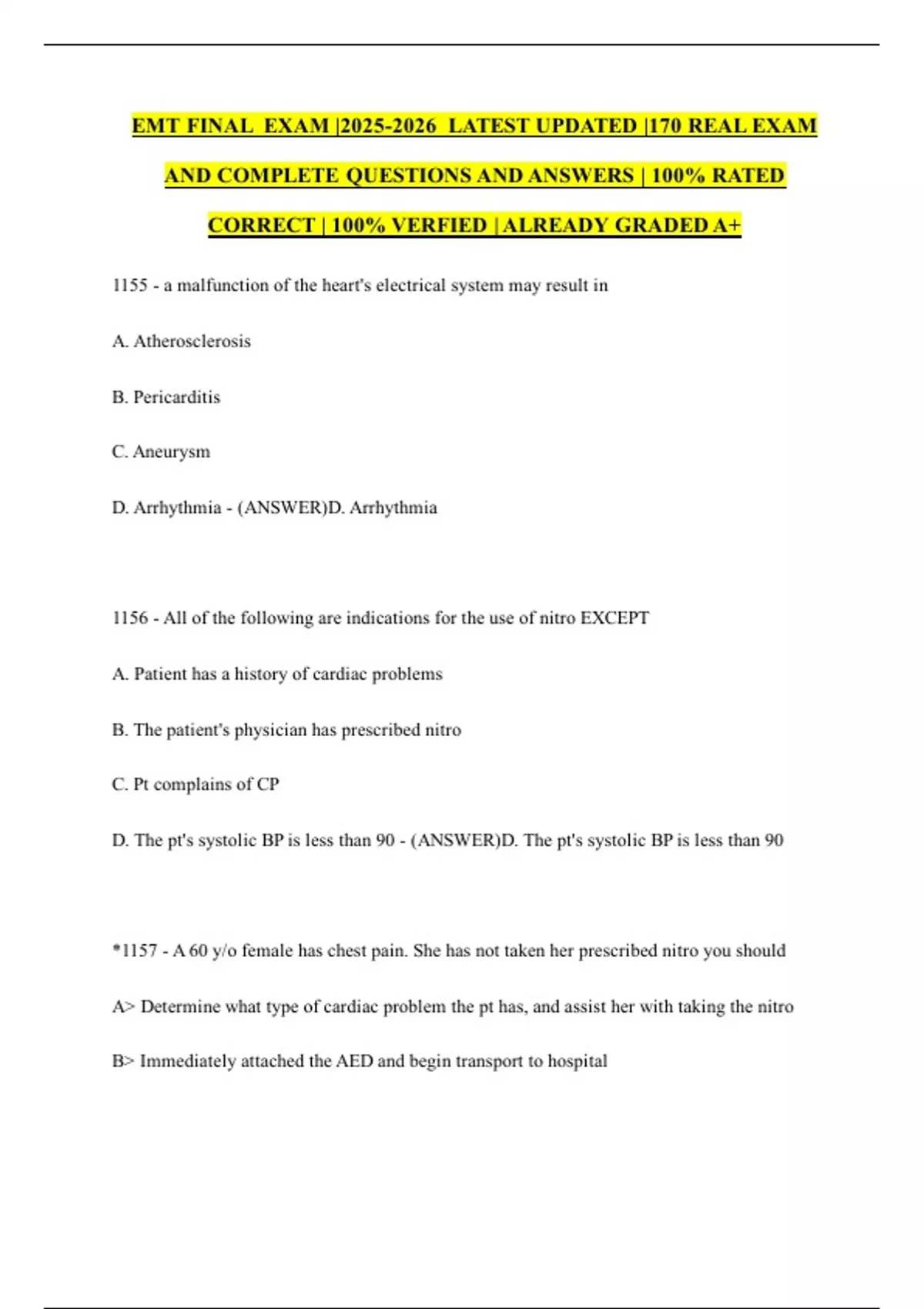 EMT FINAL EXAM | LATEST UPDATED |170 REAL EXAM AND COMPLETE QUESTIONS ...