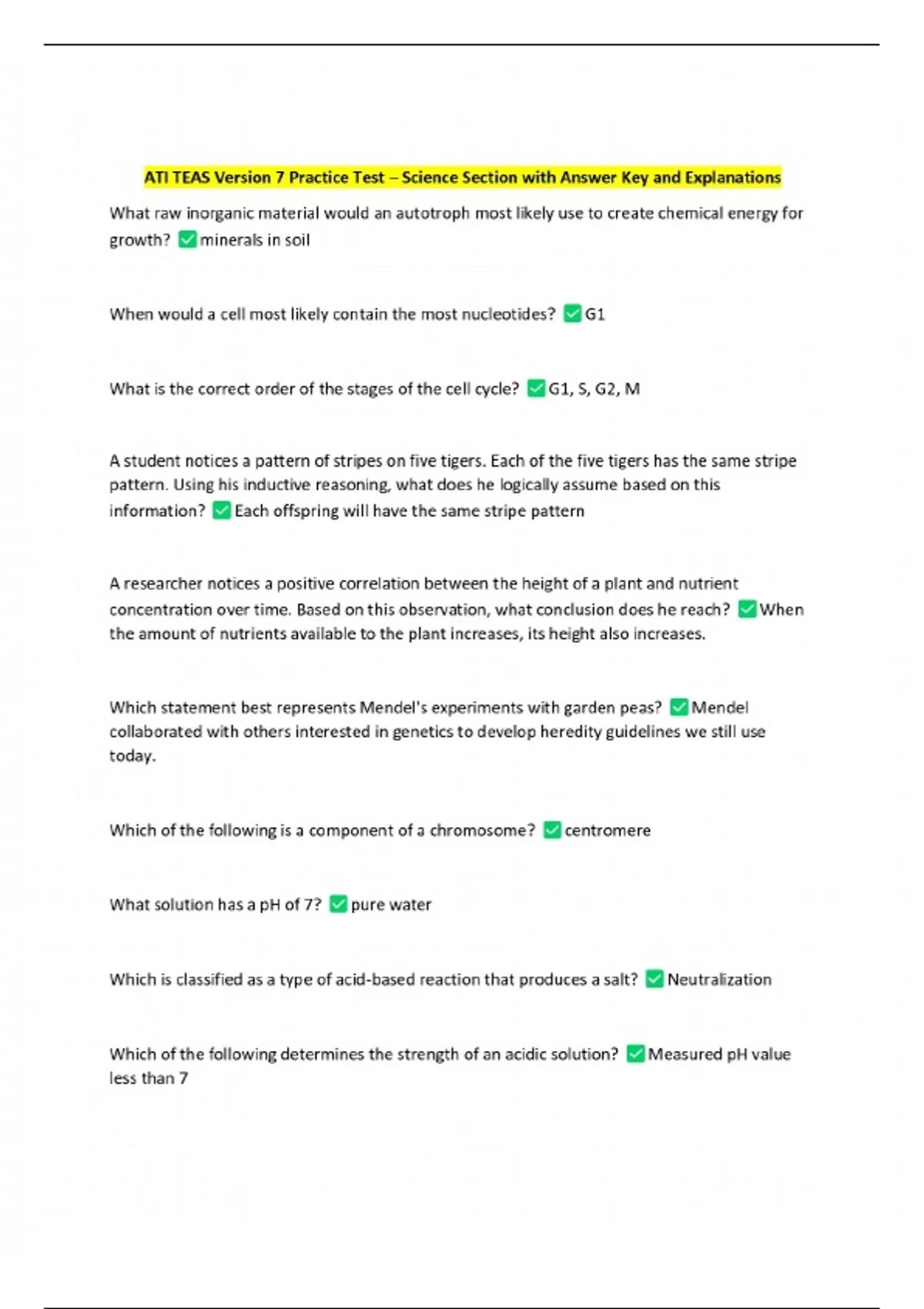 ATI TEAS Version 7 Practice Test – Science Section with Answer Key and ...