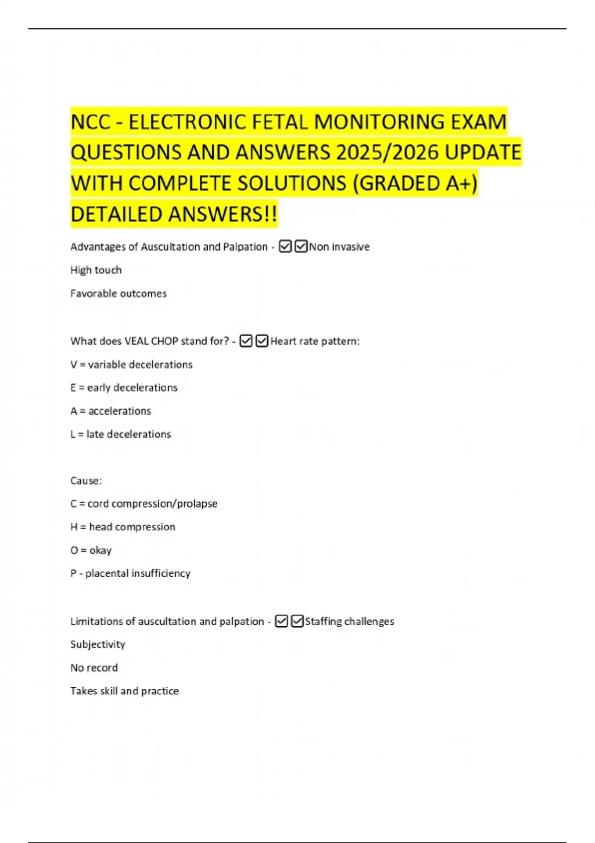 NCC - ELECTRONIC FETAL MONITORING EXAM QUESTIONS AND ANSWERS 2025/2026 ...