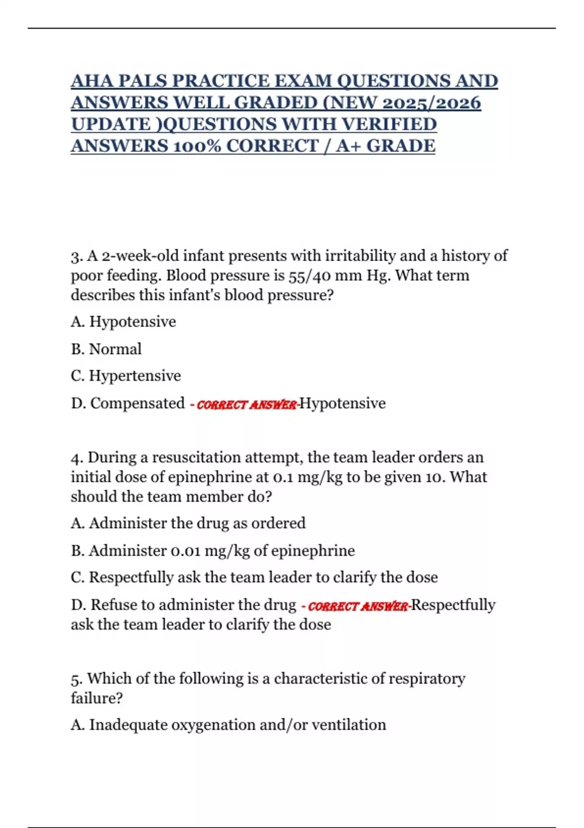 AHA PALS PRACTICE EXAM QUESTIONS AND ANSWERS WELL GRADED (NEW 2025/2026 ...