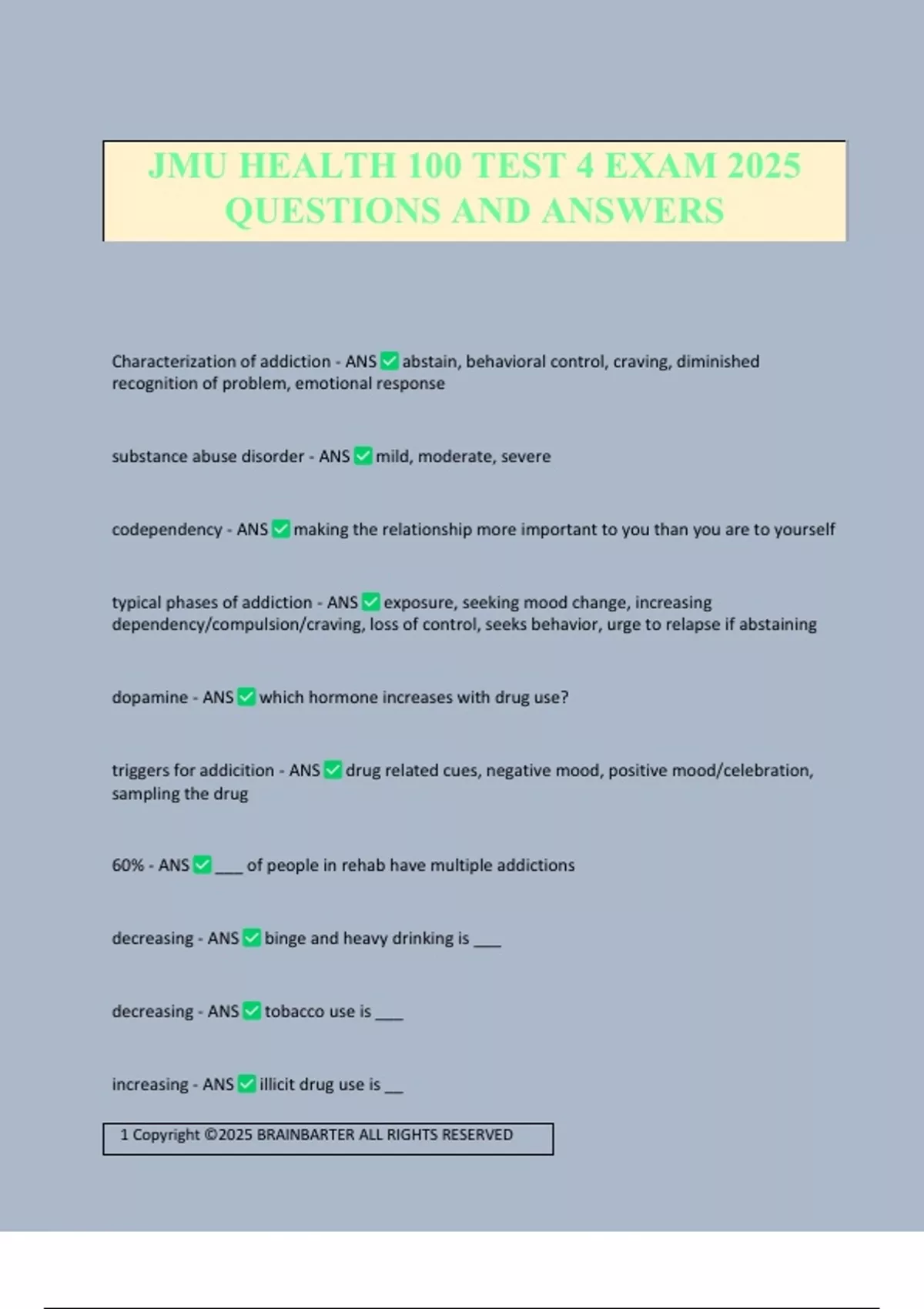 JMU HEALTH 100 TEST 4 EXAM 2025 QUESTIONS AND ANSWERS - HEALTH 100 ...